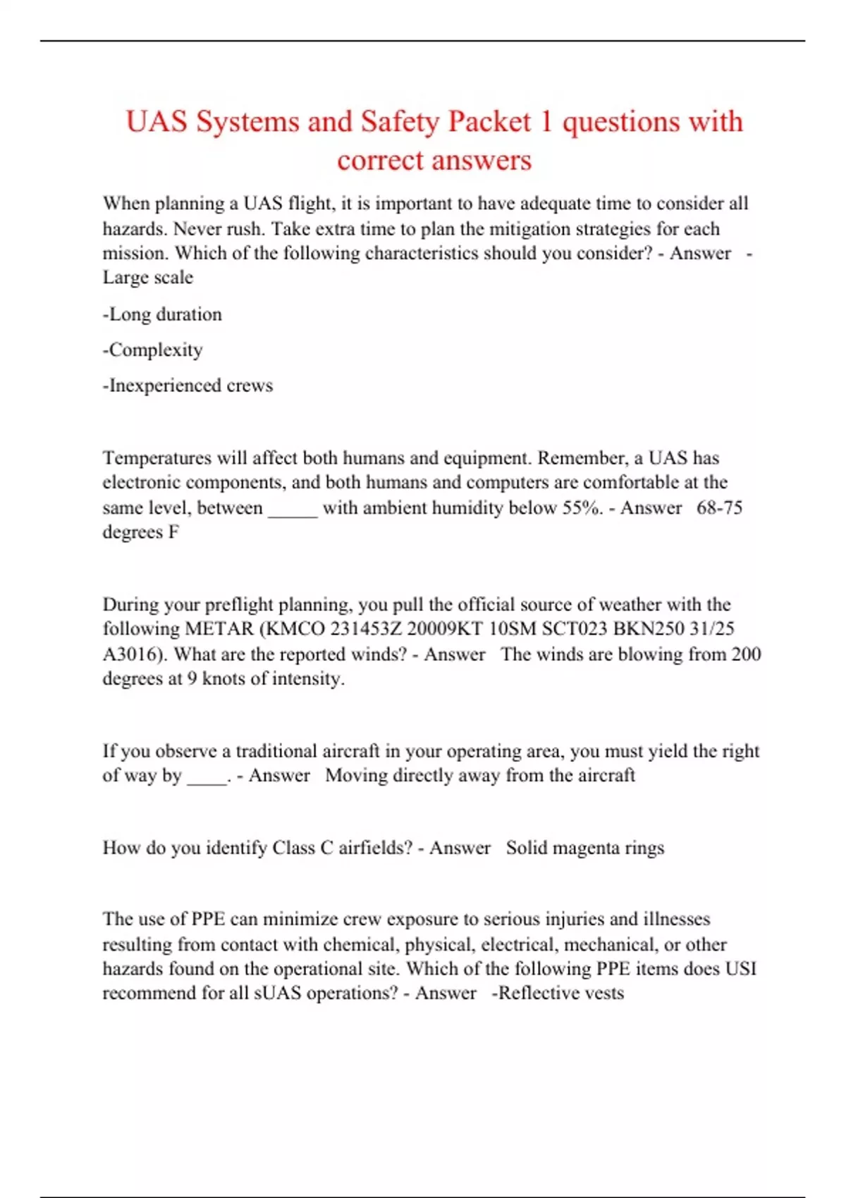 UAS Systems and Safety Packet 1 questions with correct answers - UAS ...