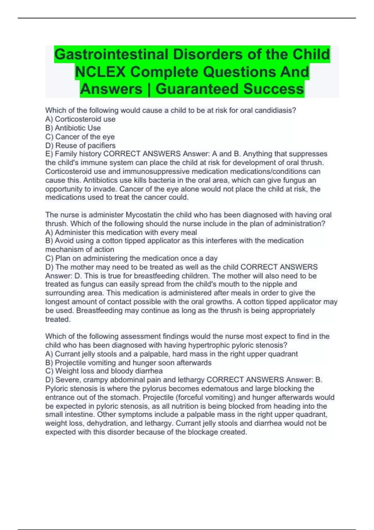 Gastrointestinal Disorders of the Child NCLEX Complete Questions And ...