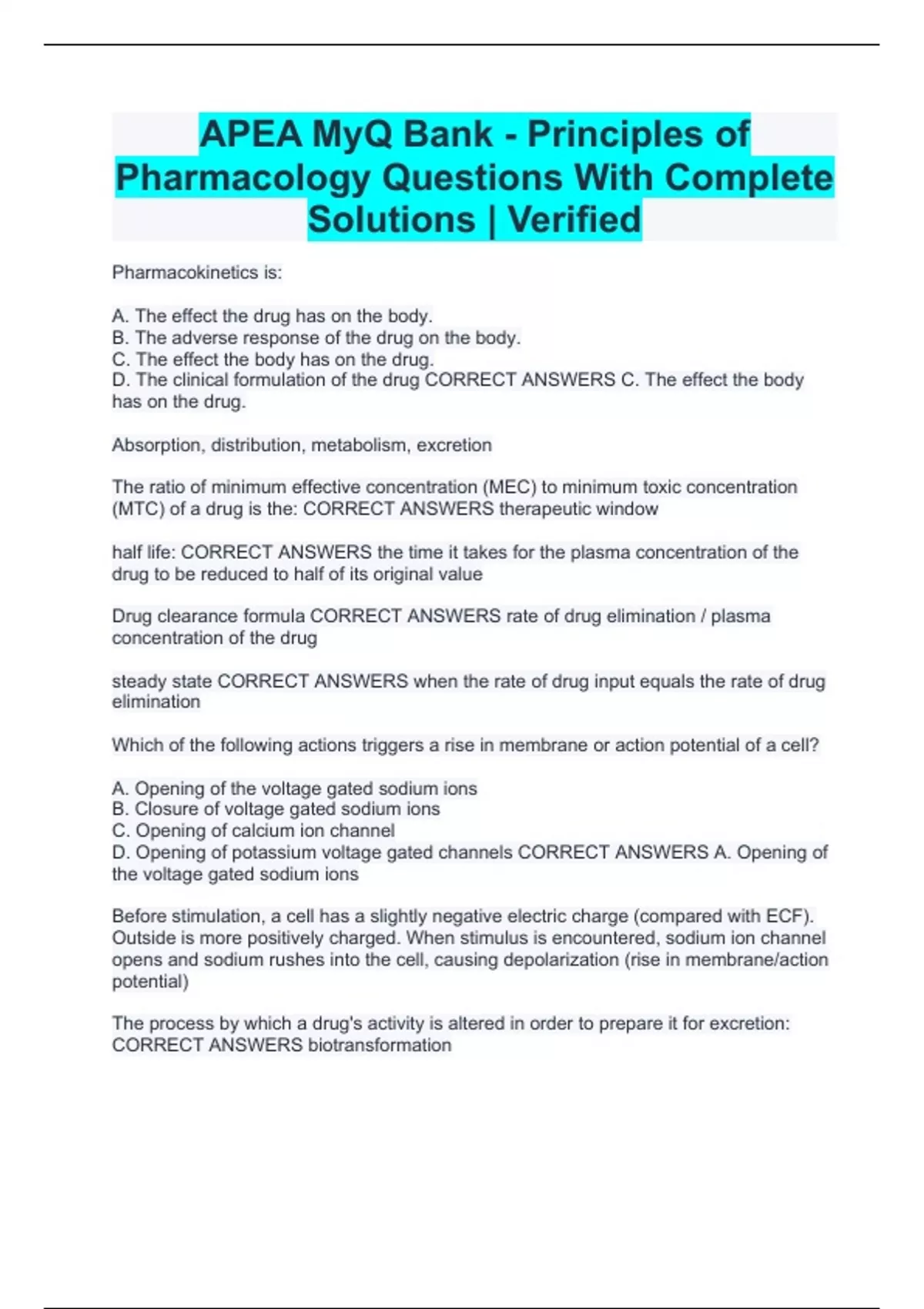 APEA MyQ Bank - Principles of Pharmacology Questions With Complete ...