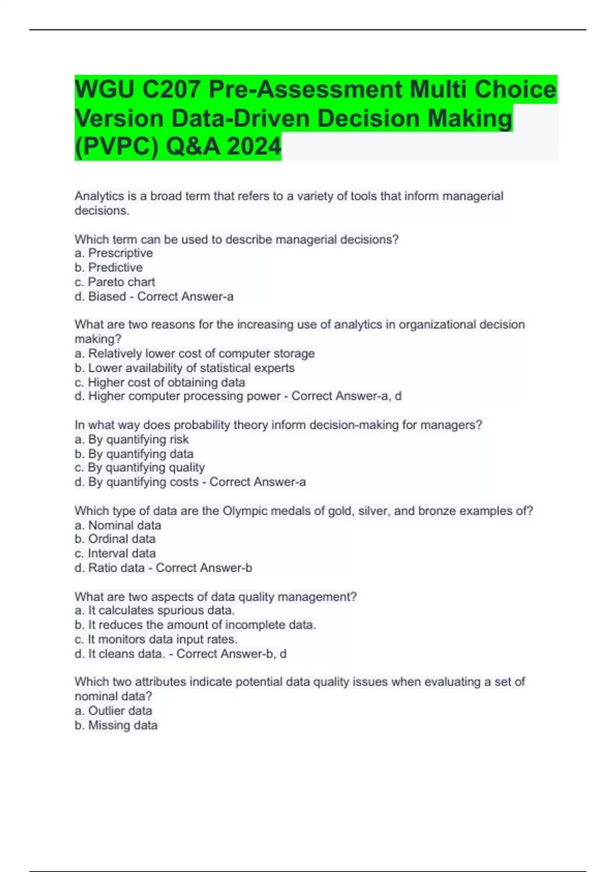 WGU C207 Pre-Assessment Multi Choice Version Data-Driven Decision Making (PVPC) Q&A 2024 - WGU ...