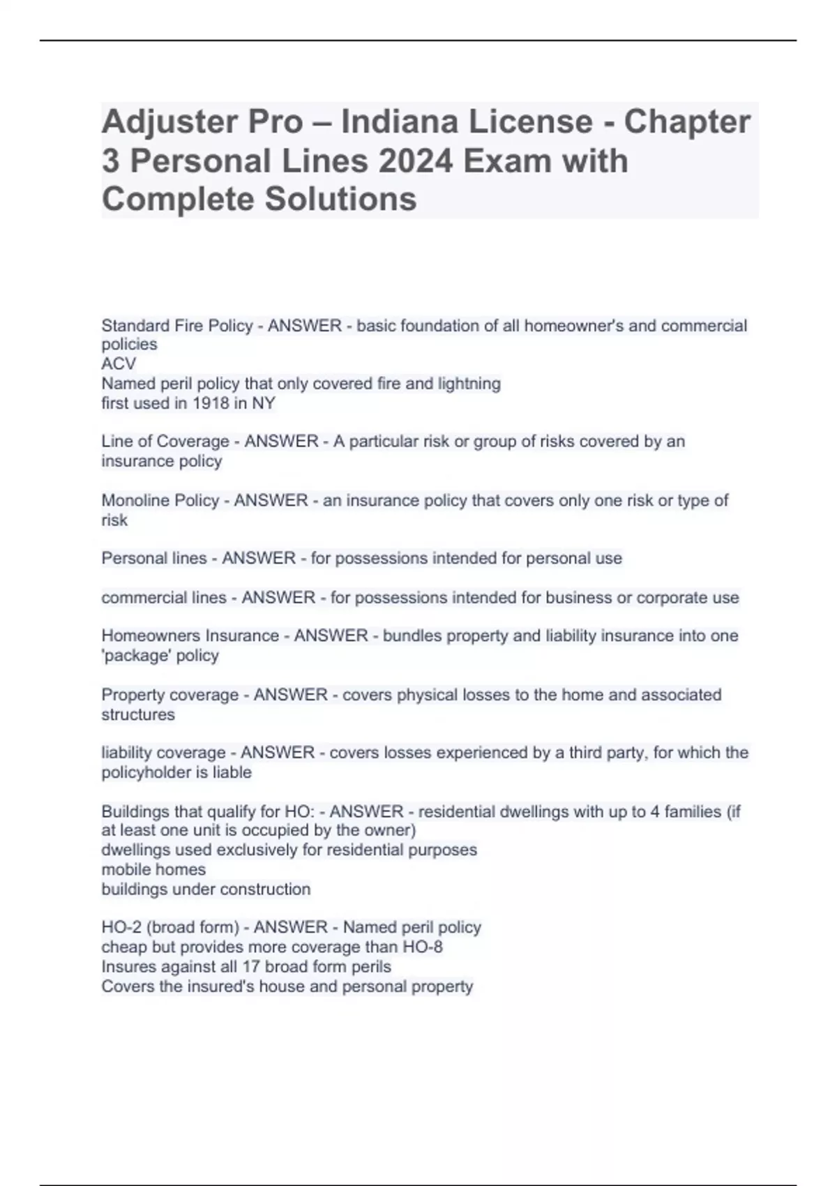 Adjuster Pro – Indiana License - Chapter 3 Personal Lines 2024 Exam with Complete Solutions ...
