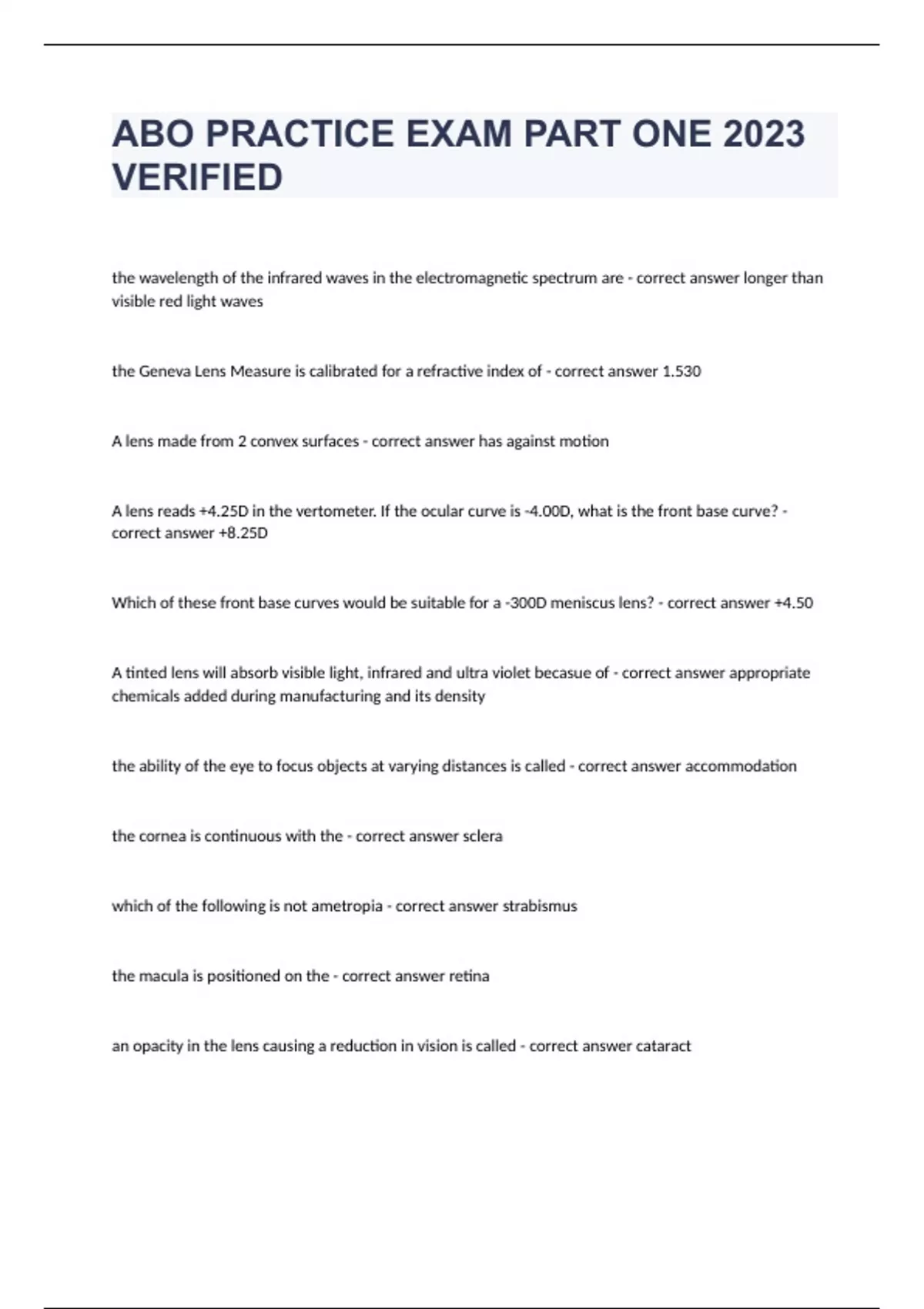 ABO PRACTICE EXAM PART ONE Question and answers 100% correct 2023/2024 ...