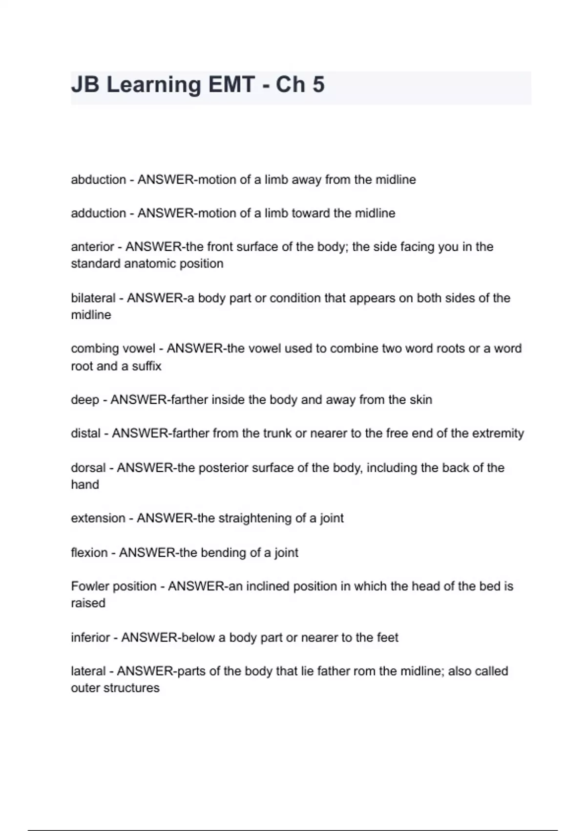 JB Learning EMT - Ch 5 questions with complete solution - JB Learning ...