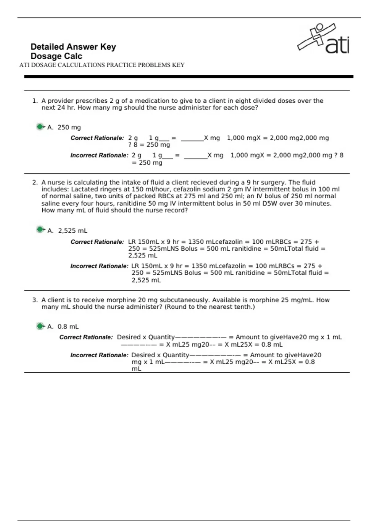 ATI DOSAGE CALCULATIONS DETAILED ANSWER KEY - DOSAGE CALCULATIONS ...