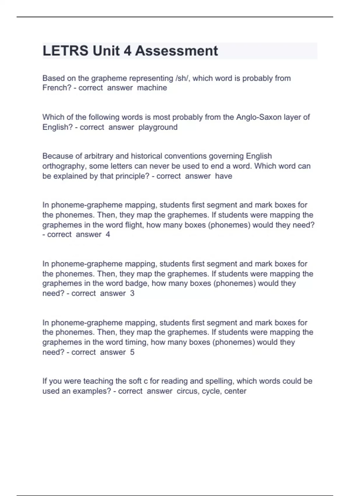 LETRS Unit 4 Assessment Question and answers 100% correct 2023/2024 ...