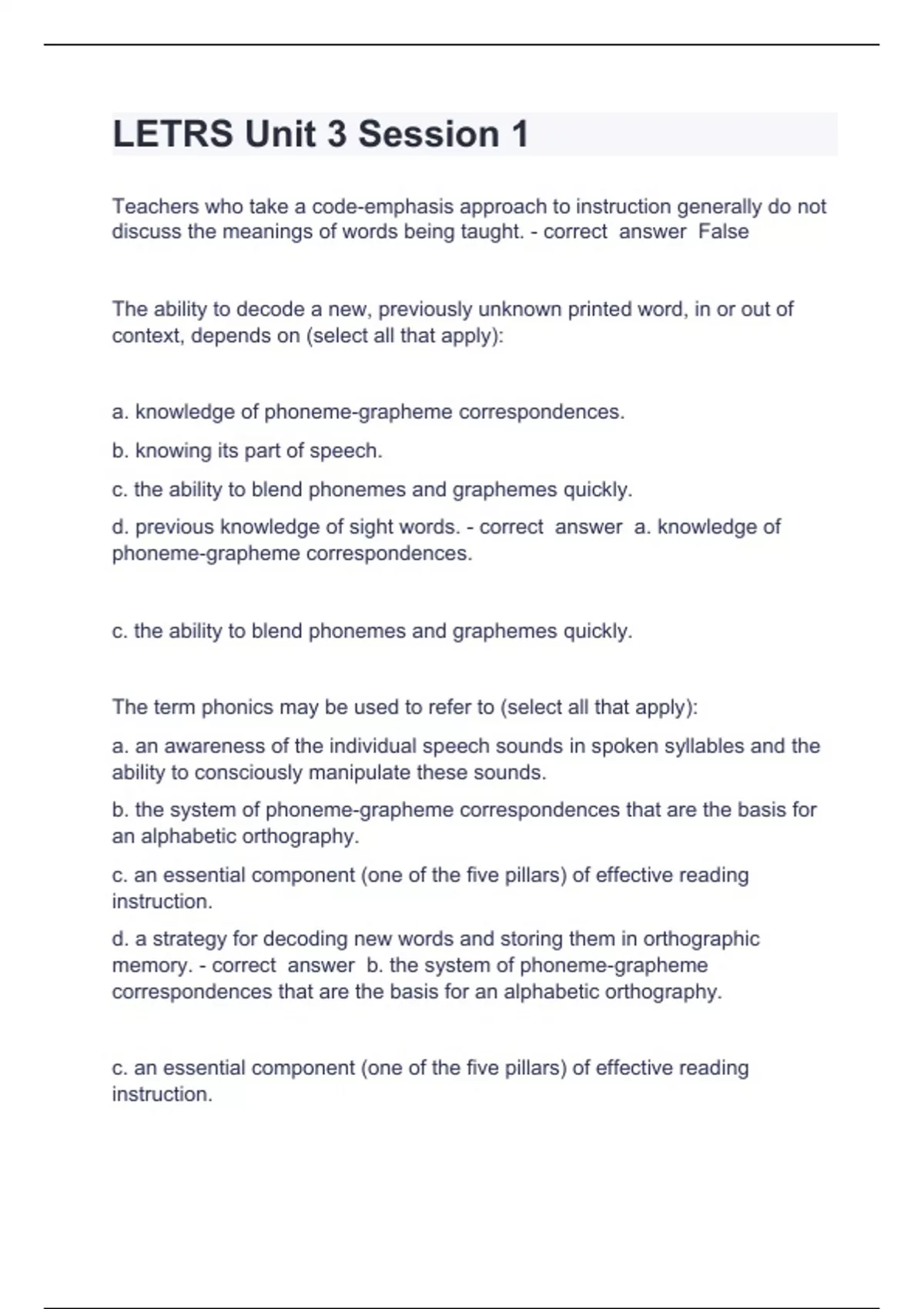LETRS Unit 3 Session 1 Question and answers correctly solved 2023/2024 ...