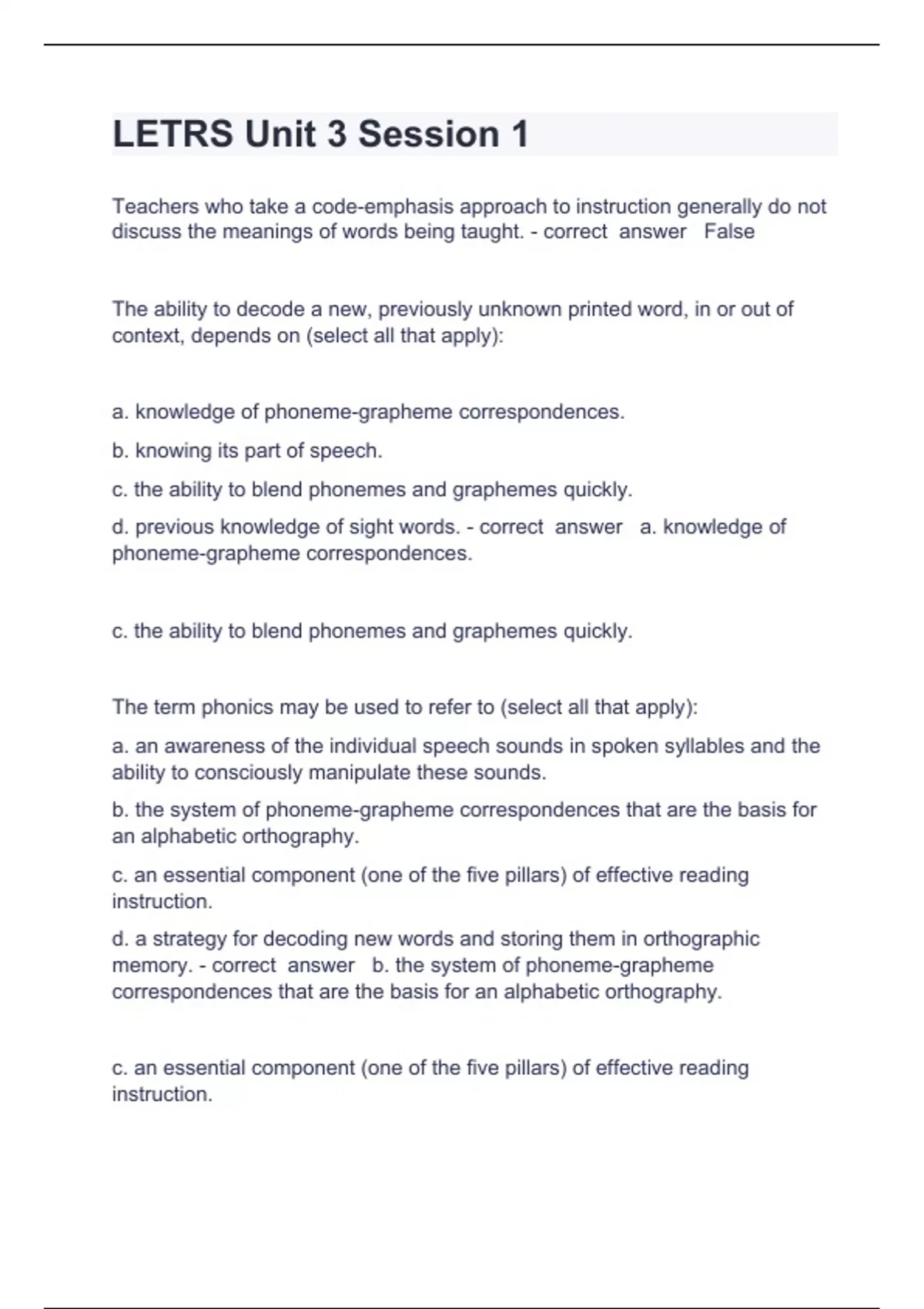 LETRS Unit 3 Session 1 Question and answers 2023/2024 verified to pass ...