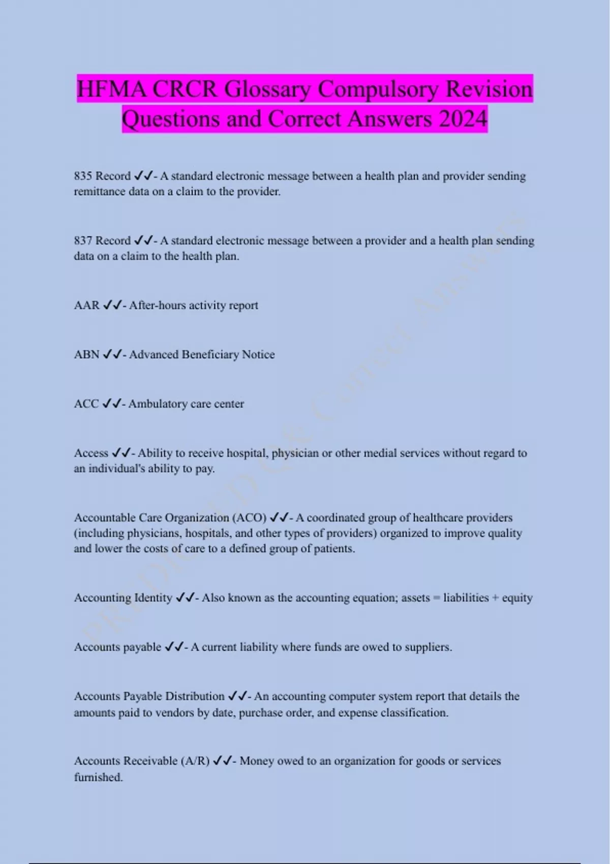 HFMA CRCR Glossary Compulsory Revision Questions and Correct Answers ...
