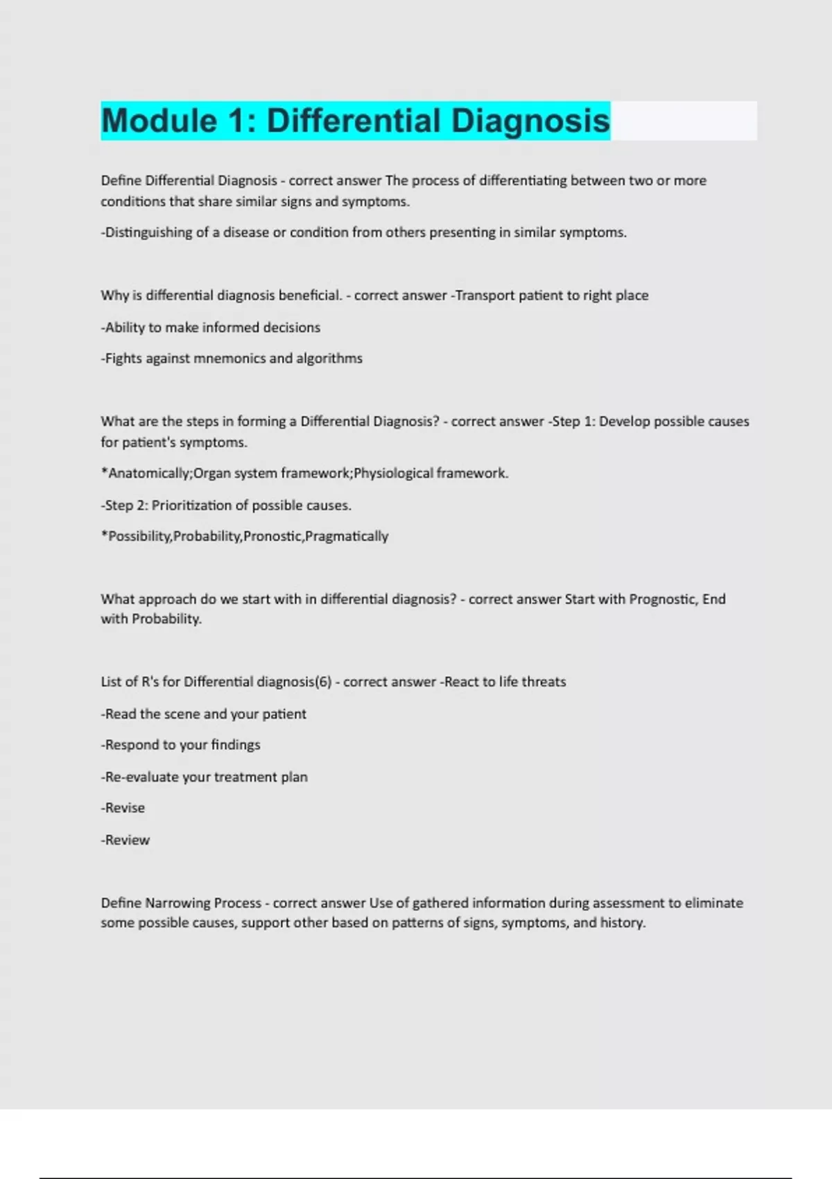Module 1 Differential Diagnosis Question and answers latest update ...