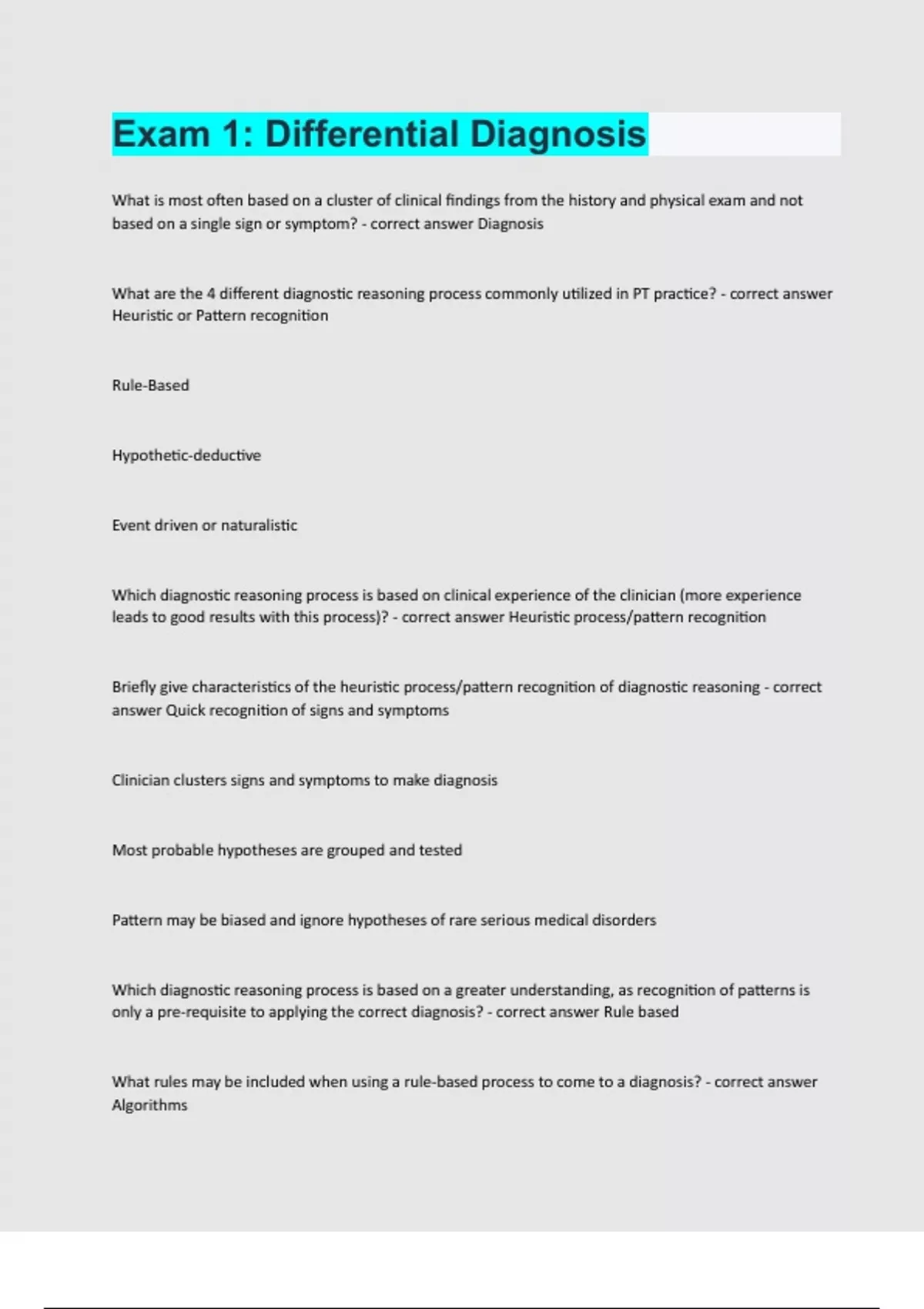 Exam 1 Differential Diagnosis Question and answers latest update ...