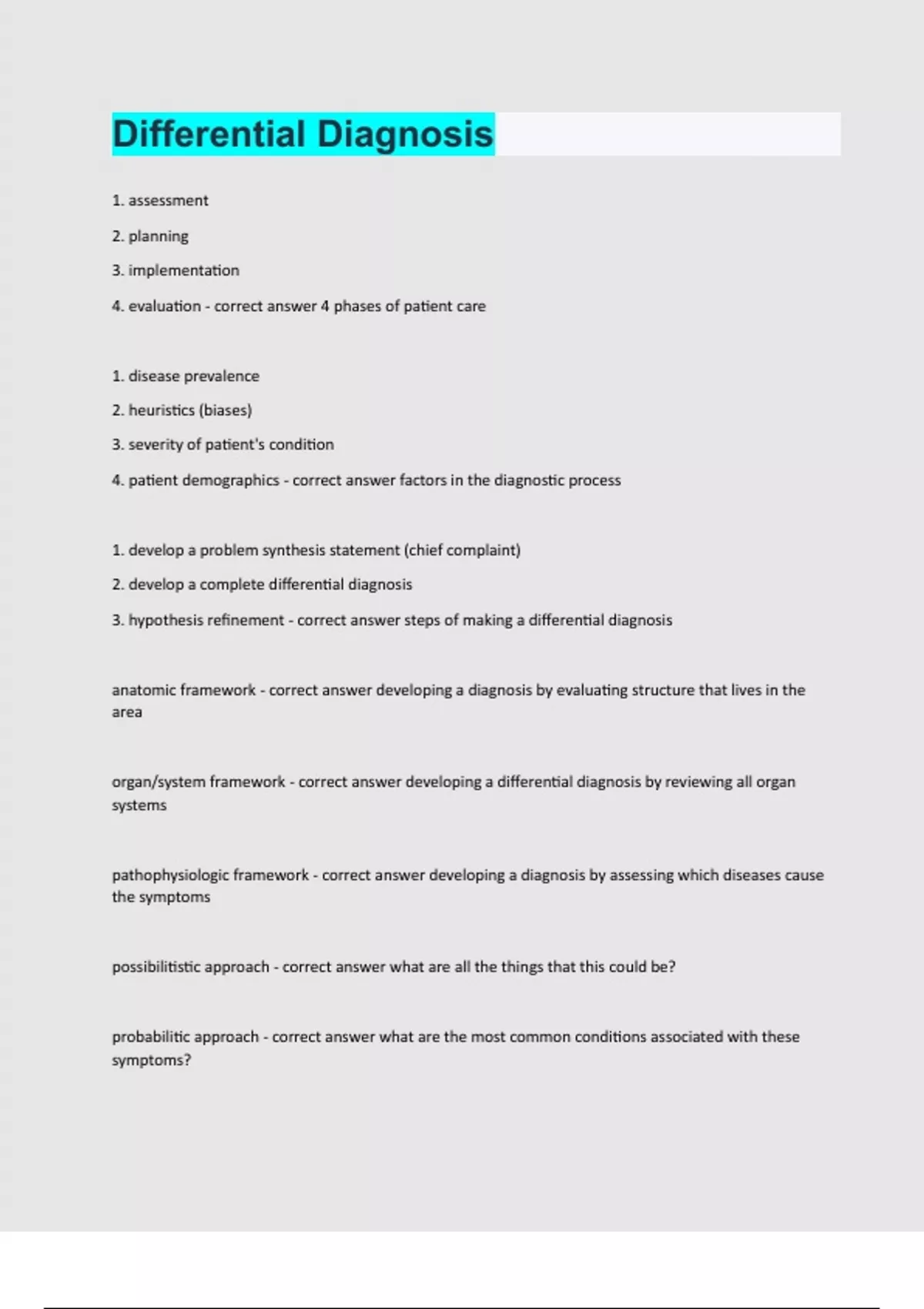 Differential Diagnosis exam Question and answers latest update ...