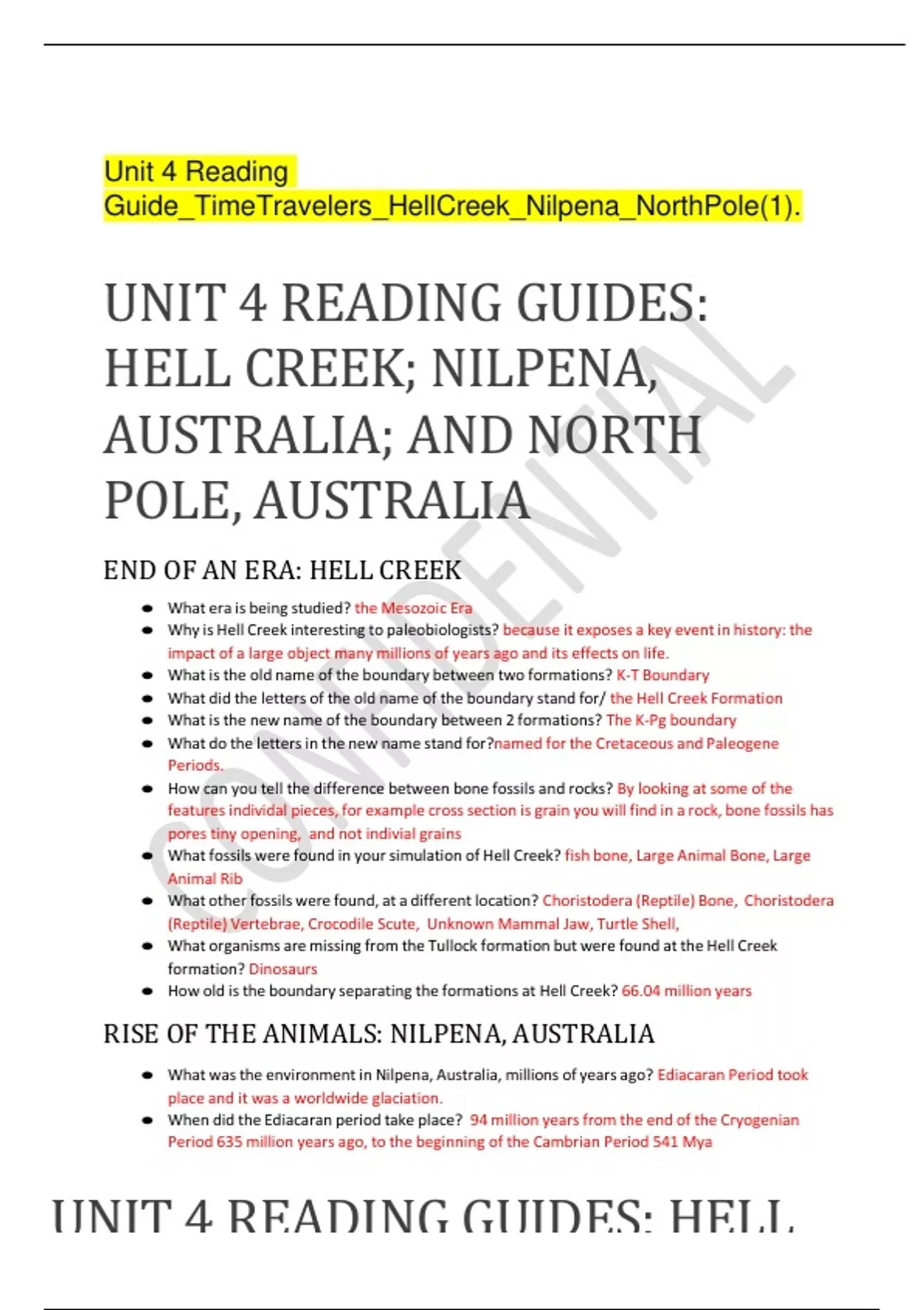 UNIT 4 READING GUIDES: HELL CREEK; NILPENA, AUSTRALIA; AND NORTH POLE ...