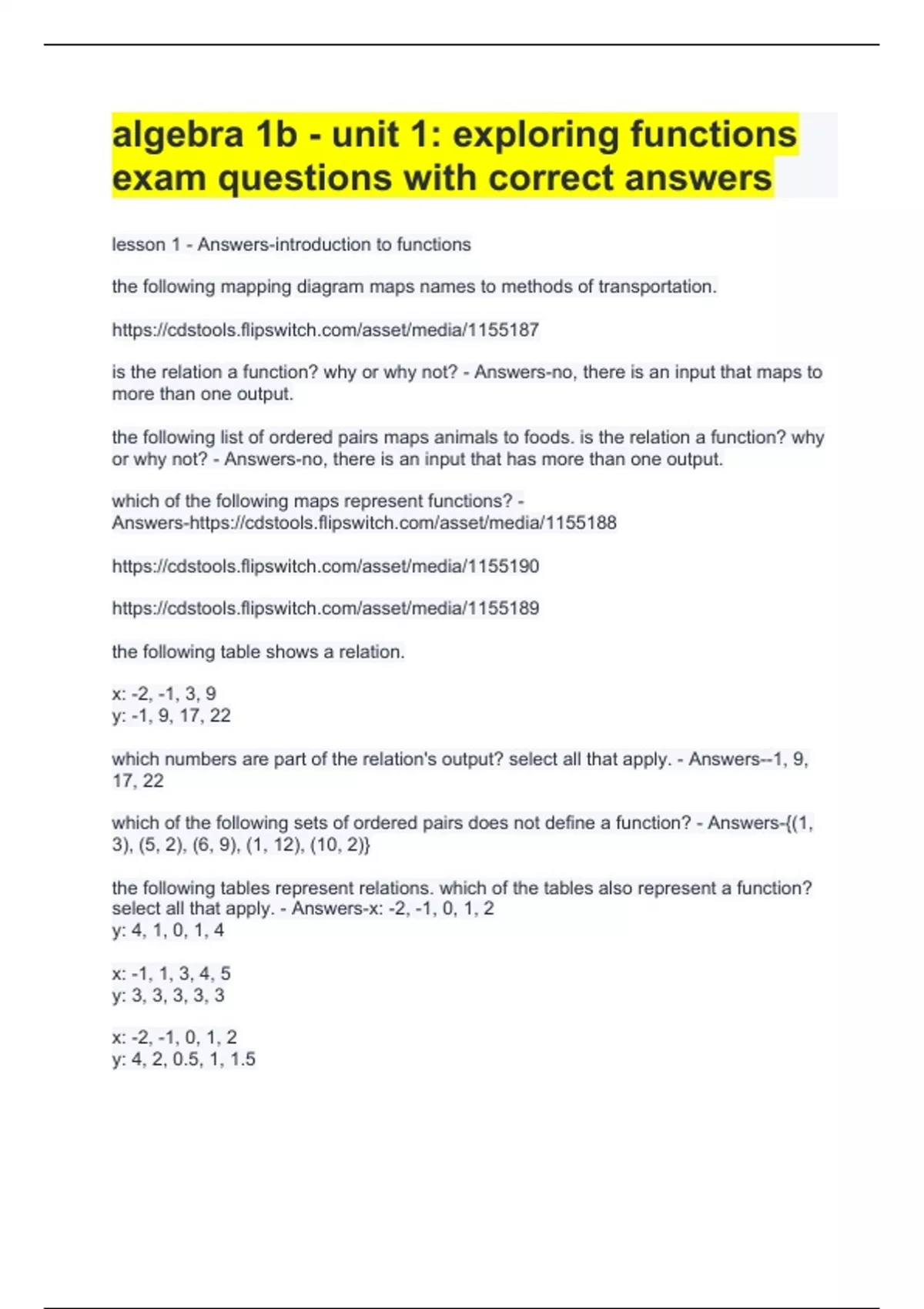 algebra 1b - unit 1: exploring functions exam questions with correct answers - Algebra - Stuvia US