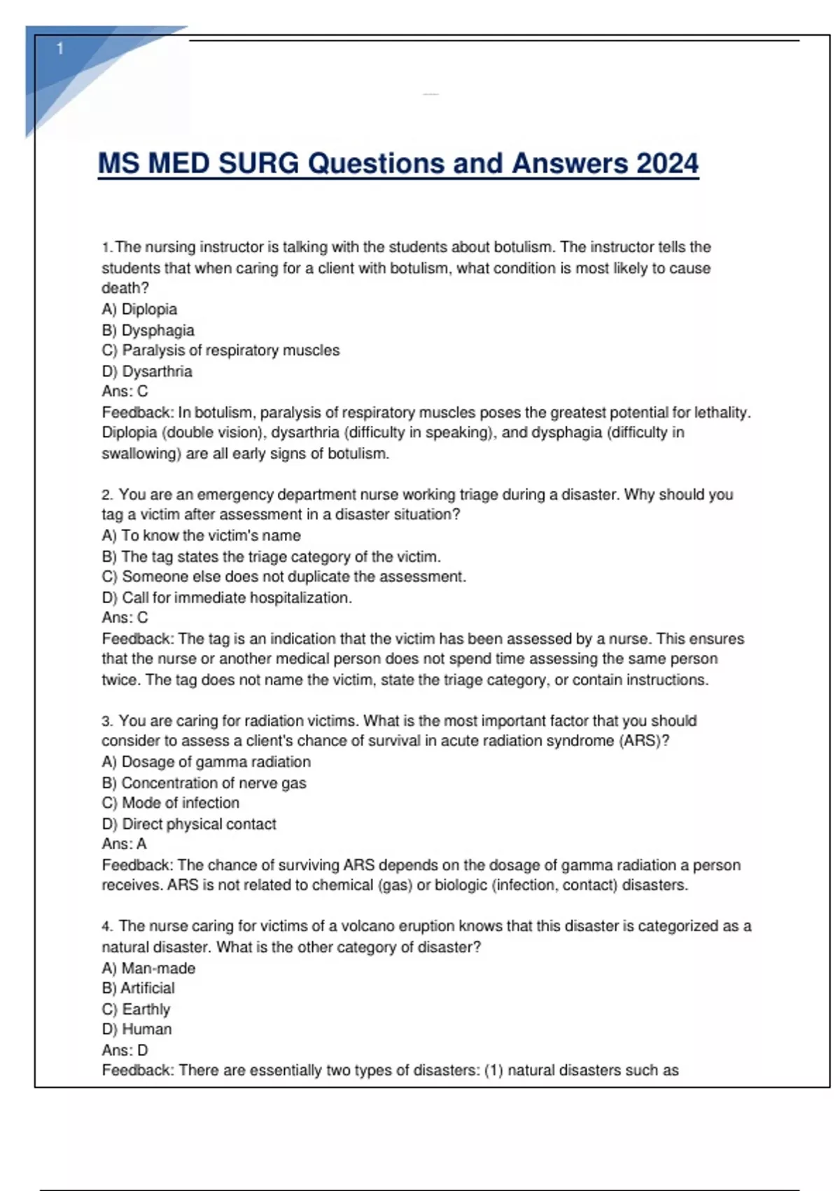 MS MED SURG Questions and Answers 2024 - MS MED SURG - Stuvia US