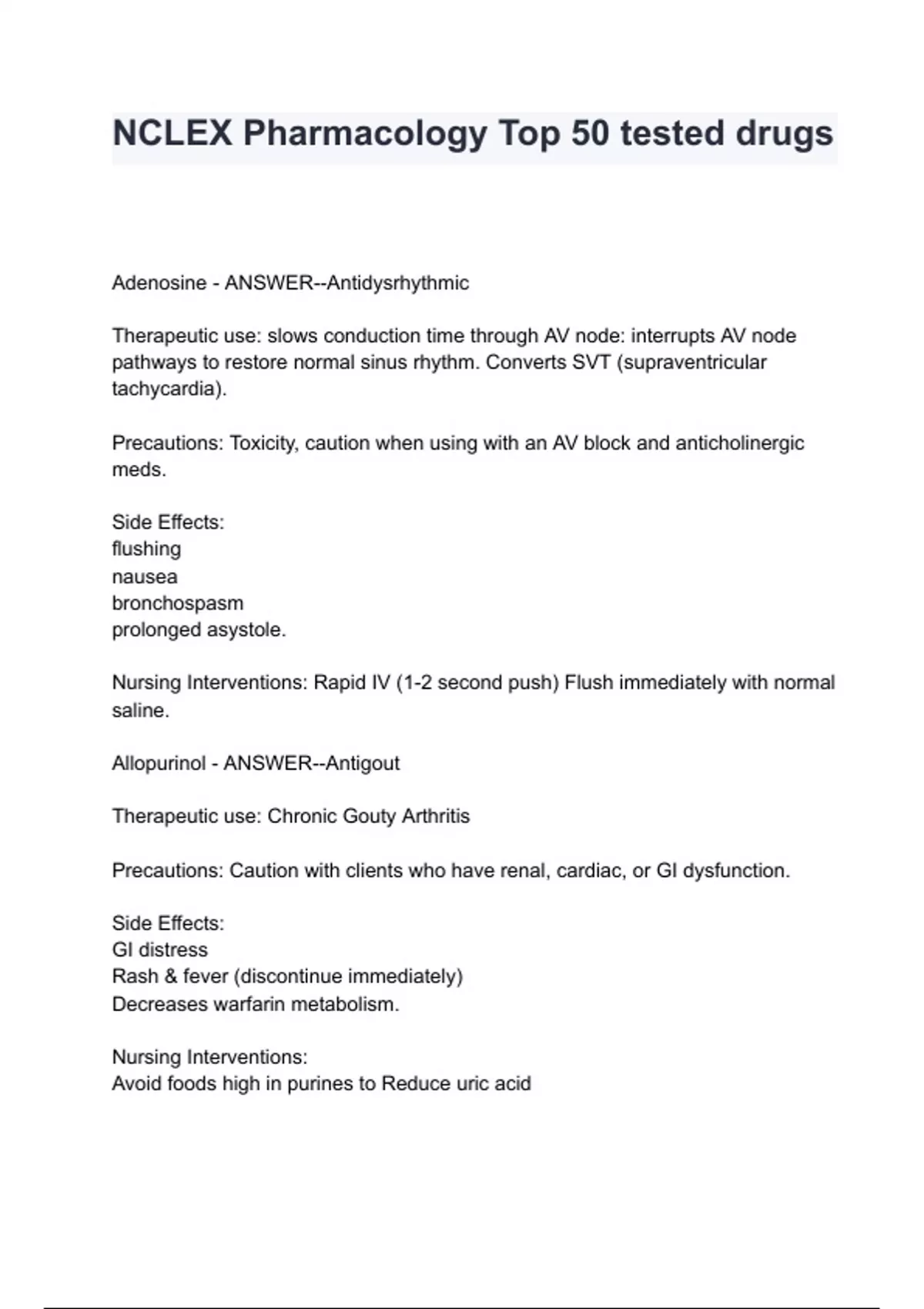 NCLEX Pharmacology Top 50 tested drugs questions with correct solution ...