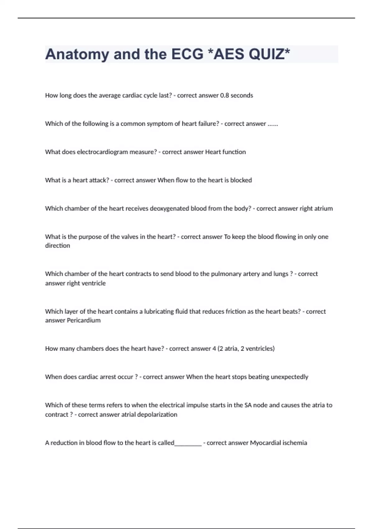 Anatomy and The ECG AES Study Guide Exam With Verified Answers 2024 - Aesthetics - Stuvia US