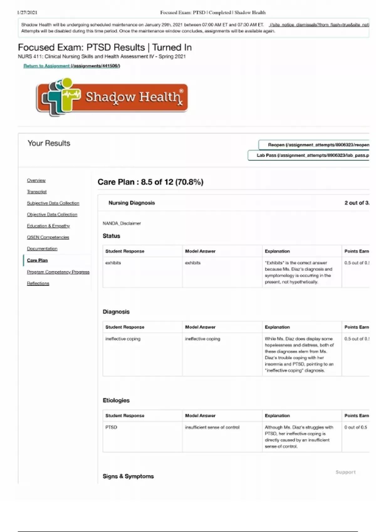 Shadow Health Focused Exams PTSD Care Plan Updated Version - Shadow ...
