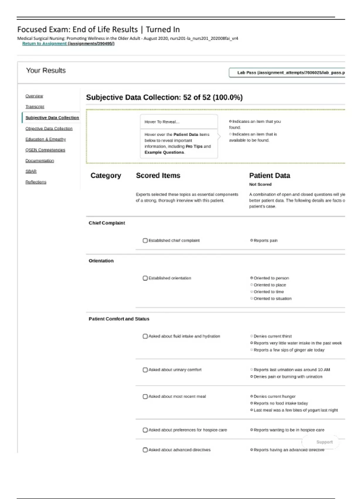 Shadow Health Focused Exam End of Life Results Subjective Data - Shadow ...