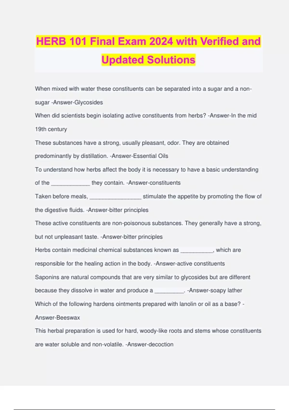 HERB 101 Final Exam 2024 with Verified and Updated Solutions - HERB 101 ...