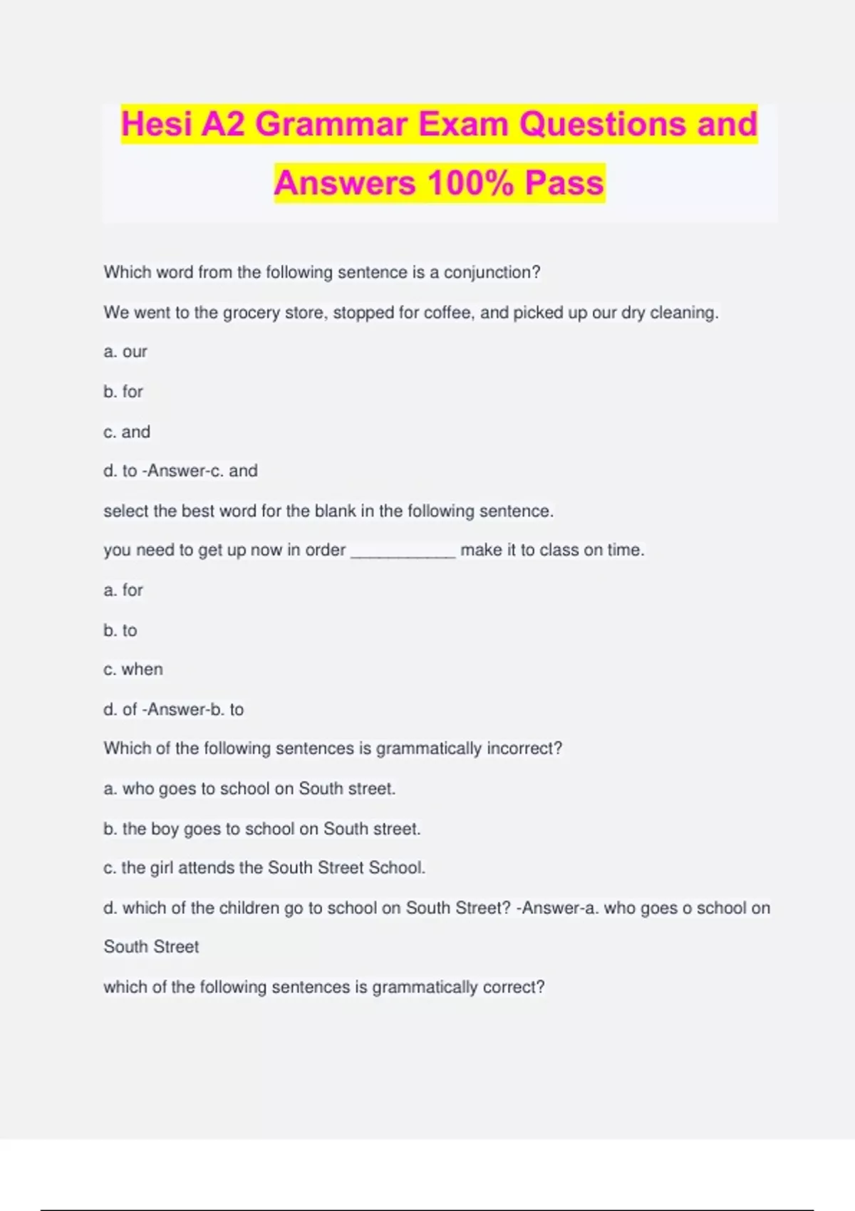 Hesi A2 Grammar Exam Questions and Answers 100% Pass - Hesi A2 - Stuvia US