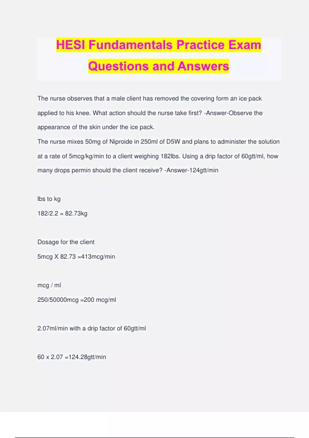 HESI Fundamentals Practice Exam Questions and Answers - Hesi ...