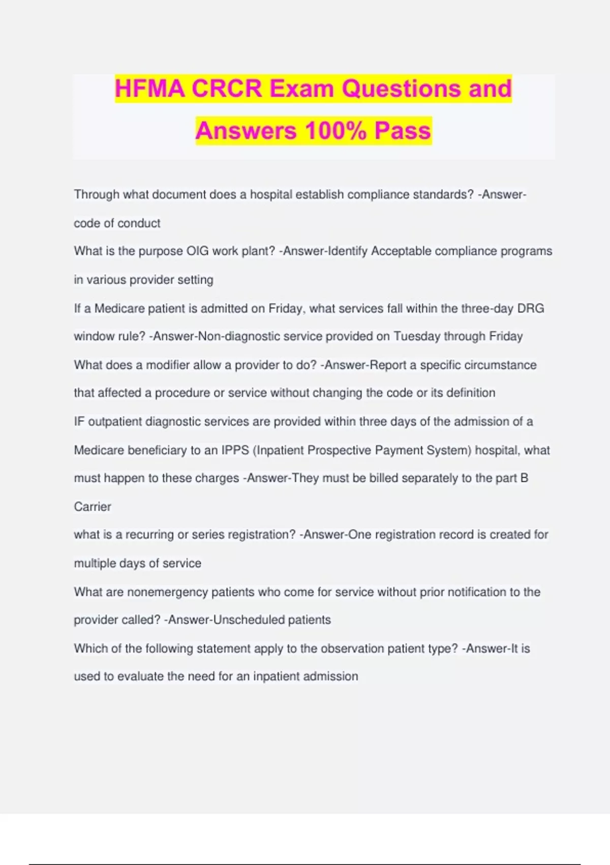 HFMA CRCR Exam Questions and Answers 100% Pass - HFMA CRCR - Stuvia US