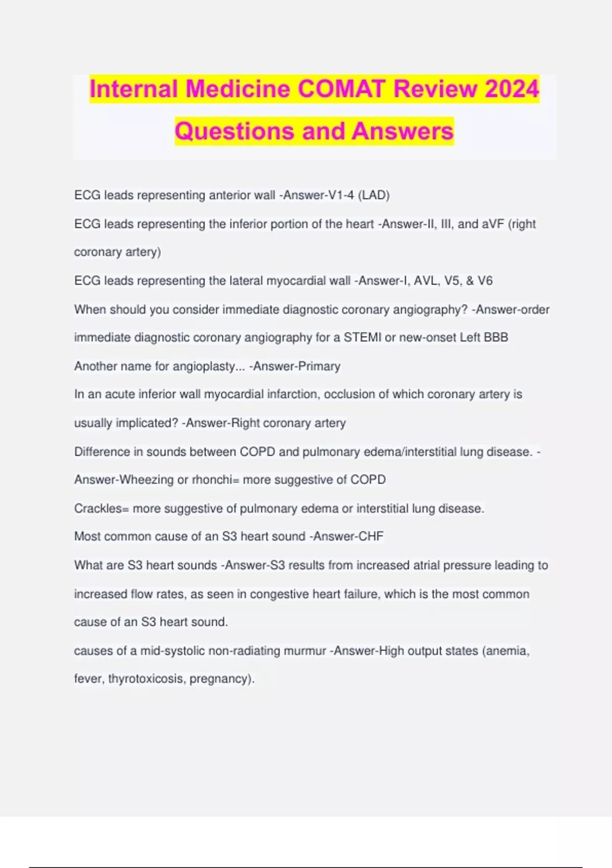 Internal Medicine COMAT Review 2024 Questions and Answers - Internal ...