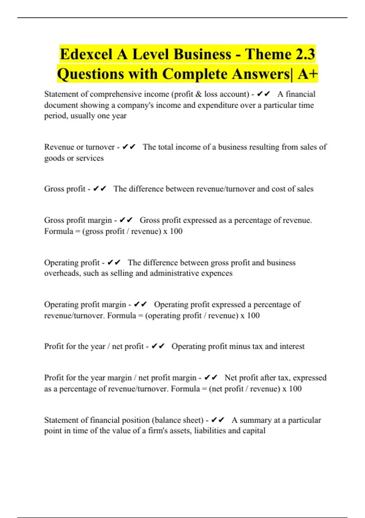 Edexcel A Level Business - Theme 2.3 Questions with Complete Answers| A+ - Edexcel A Level ...
