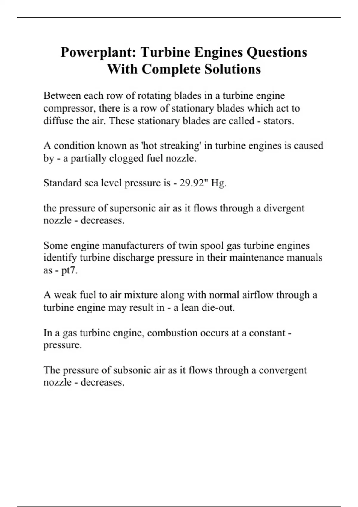 Powerplant: Turbine Engines Questions With Complete Solutions ...