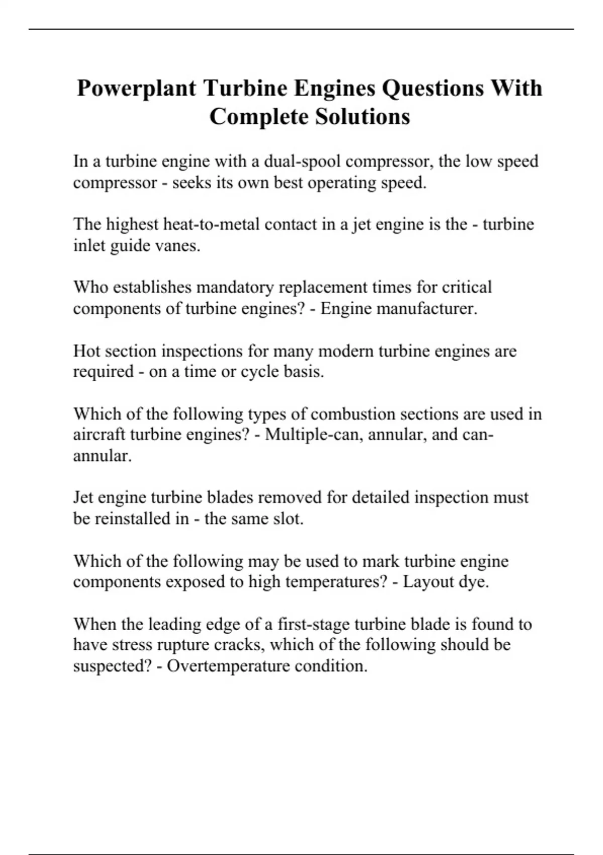 Powerplant Turbine Engines Questions With Complete Solutions ...