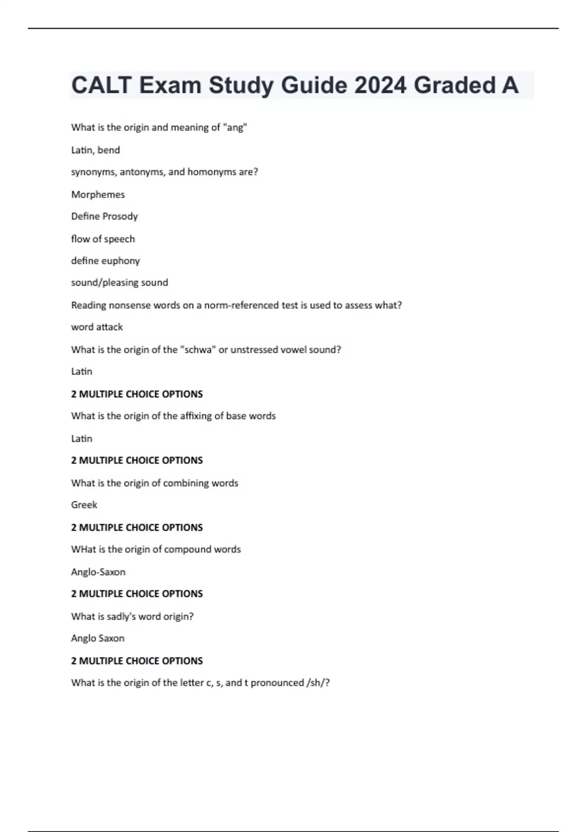 CALT Exam Study Guide 2024 Graded A - CALT . - Stuvia US