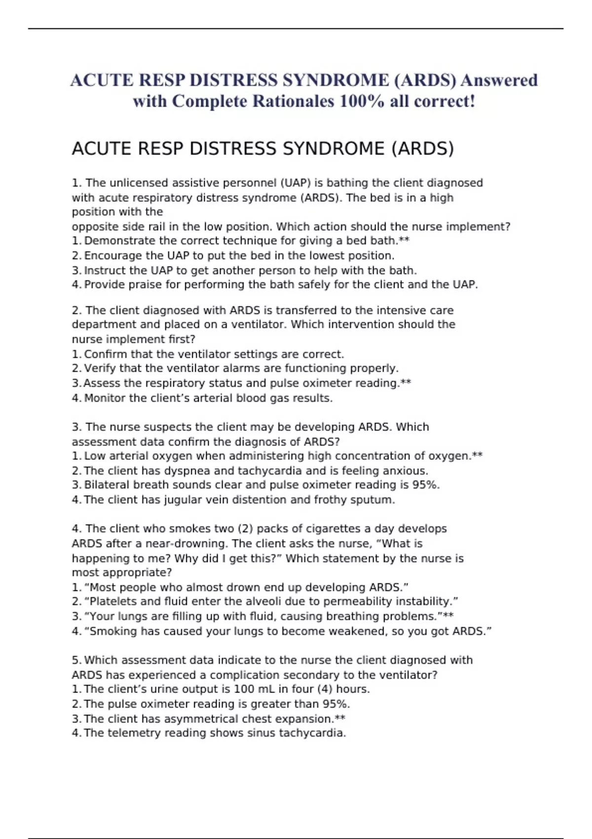 ACUTE RESP DISTRESS SYNDROME (ARDS) Answered with Complete Rationales ...