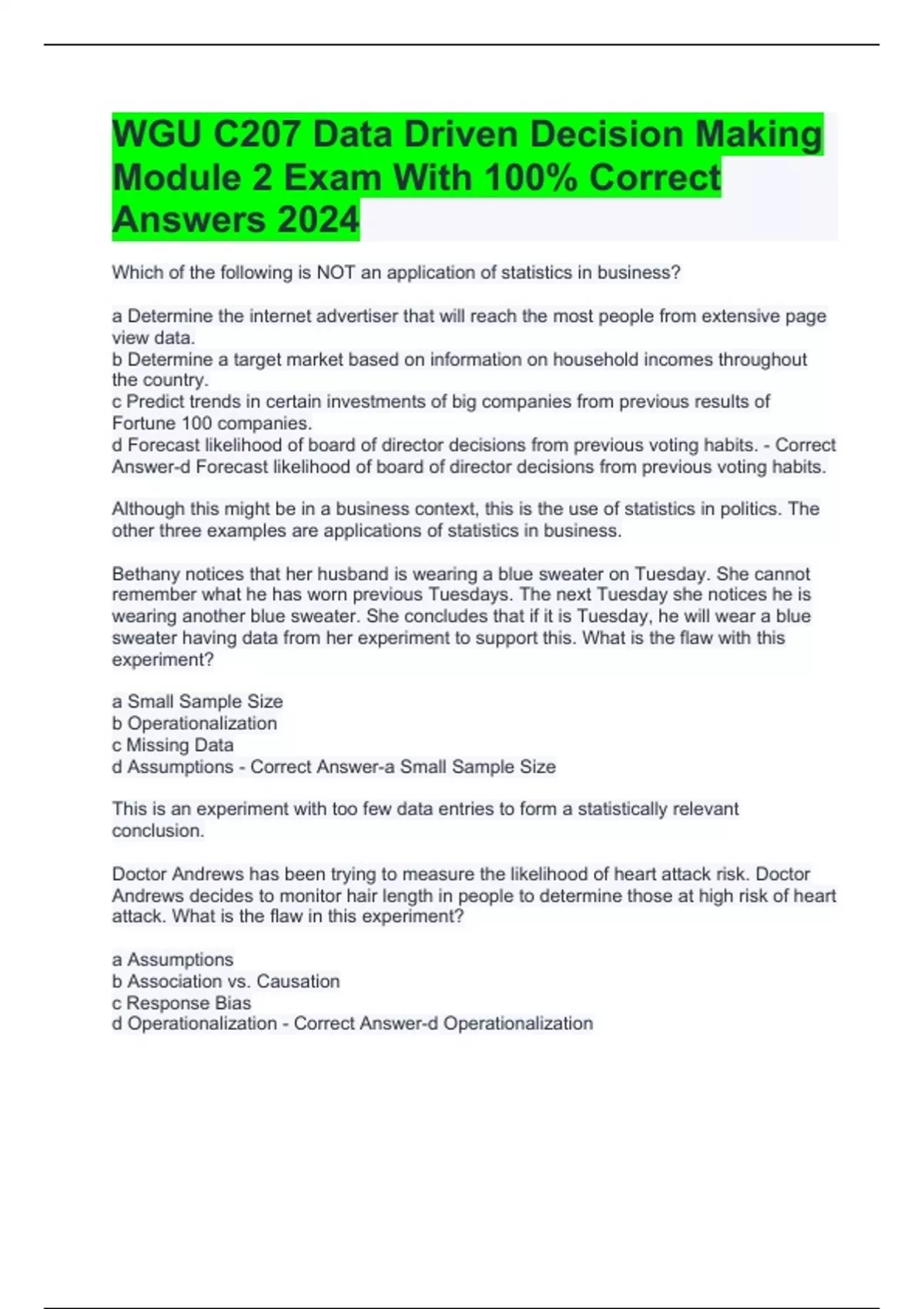 WGU C207 Data Driven Decision Making Module 2 Exam With 100% Correct ...