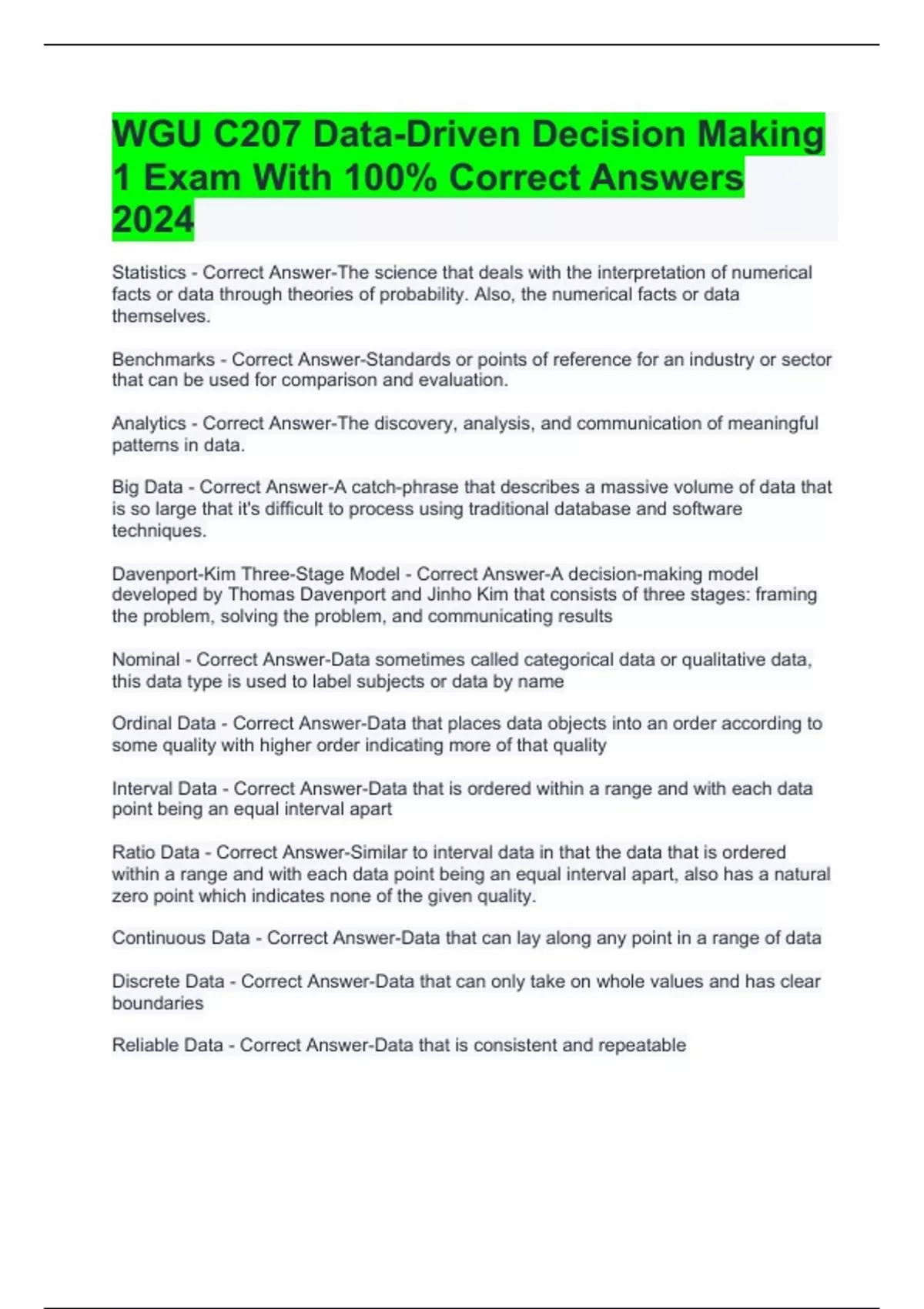 WGU C207 Data-Driven Decision Making 1 Exam With 100% Correct Answers ...