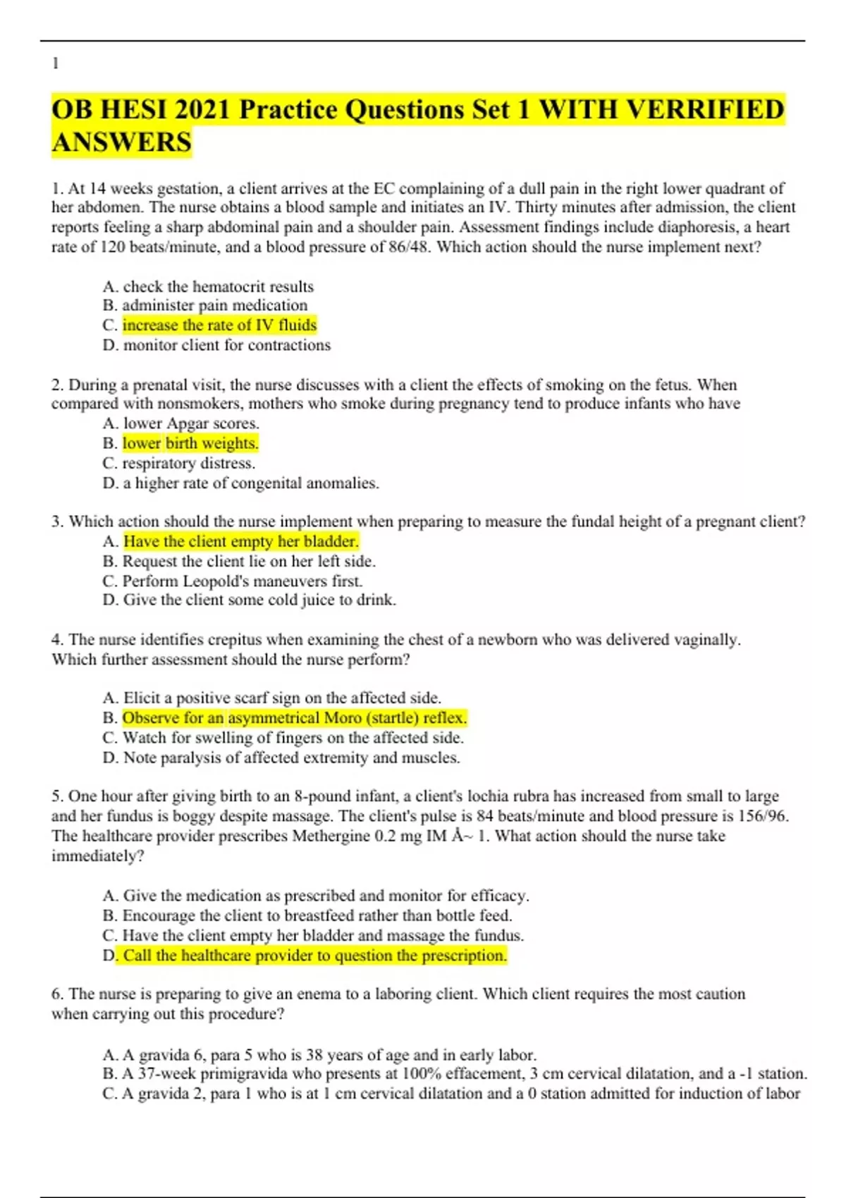 OB HESI 2021 Practice Questions Set 1 WITH VERRIFIED ANSWERS - OB HESI - Stuvia US