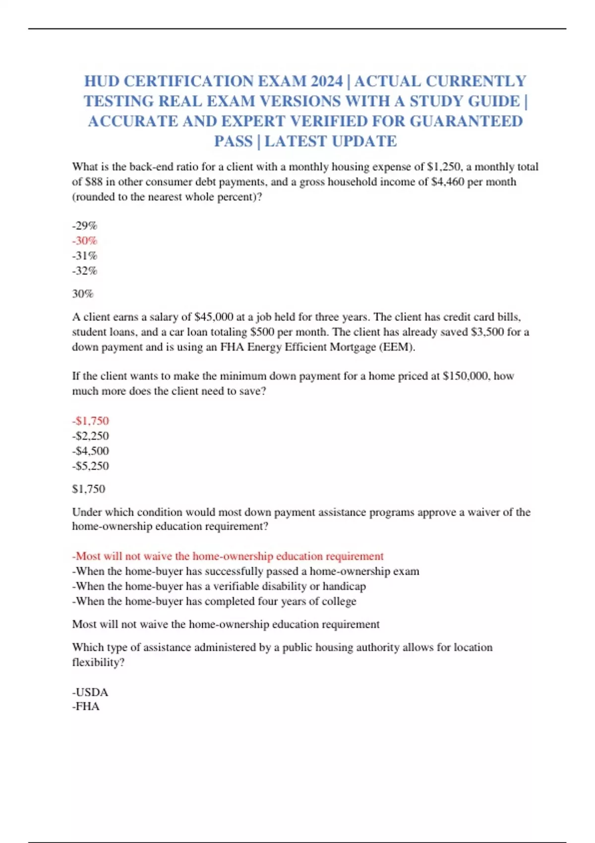 HUD CERTIFICATION EXAM 2024 | ACTUAL CURRENTLY TESTING REAL EXAM ...