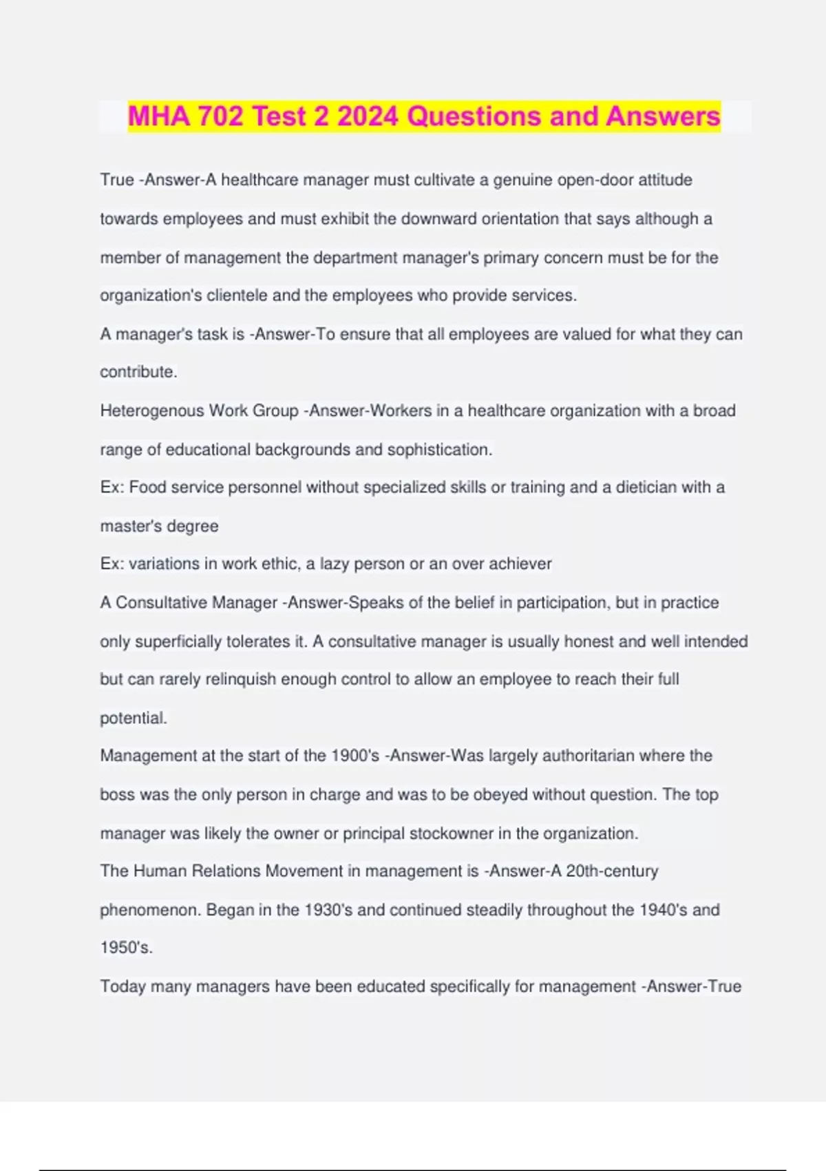 MHA 702 Test 2 2024 Questions and Answers - MHA 702 - Stuvia US