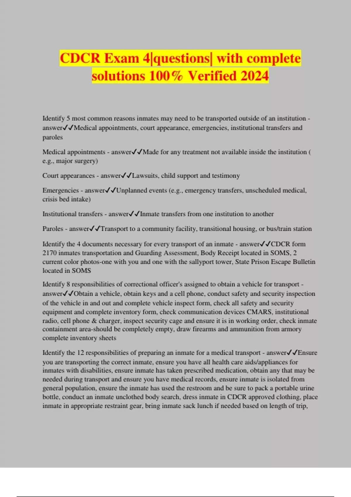 CDCR Exam 4|questions| with complete solutions 100% Verified 2024 ...