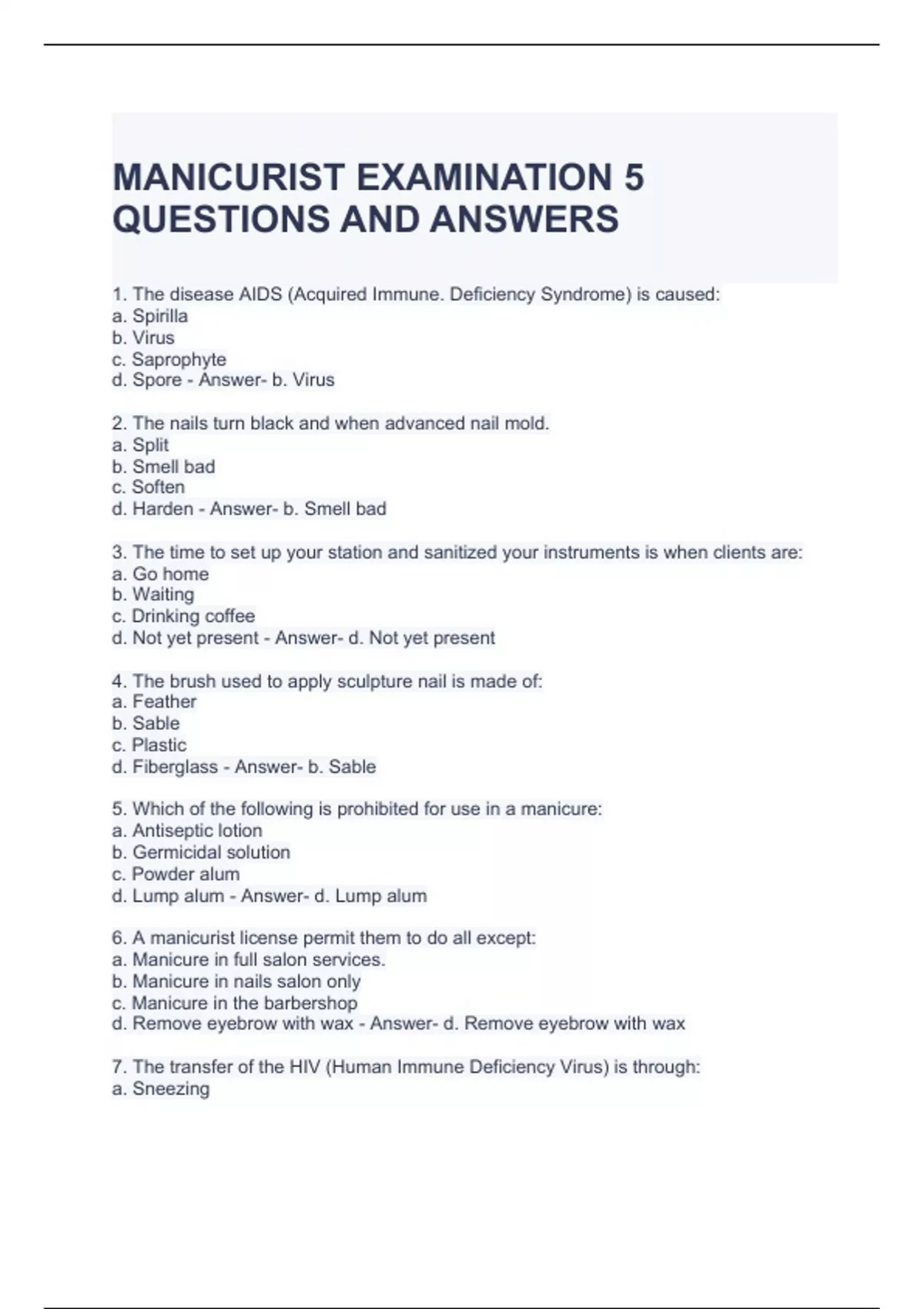MANICURIST EXAMINATION 5 QUESTIONS AND ANSWERS - PSI Manicure - Stuvia US