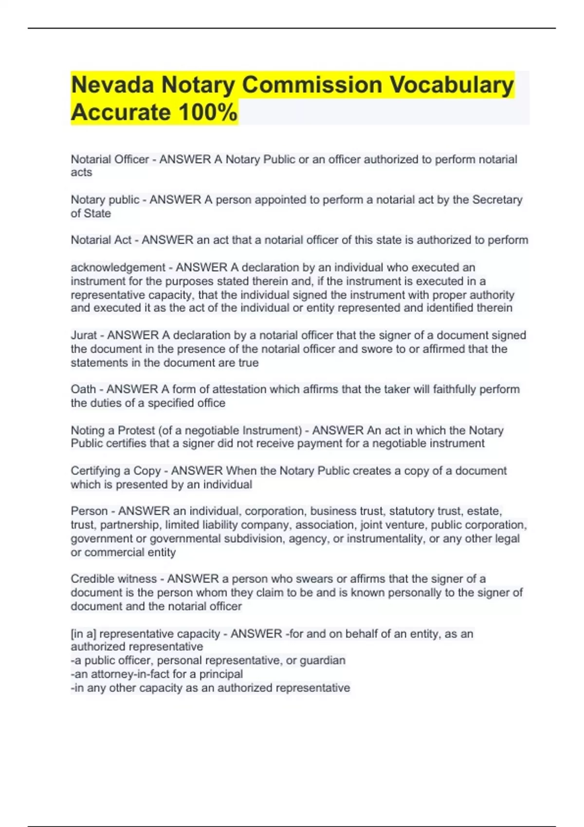 Nevada Notary Commission Vocabulary Accurate 100% - Nevada Notary ...