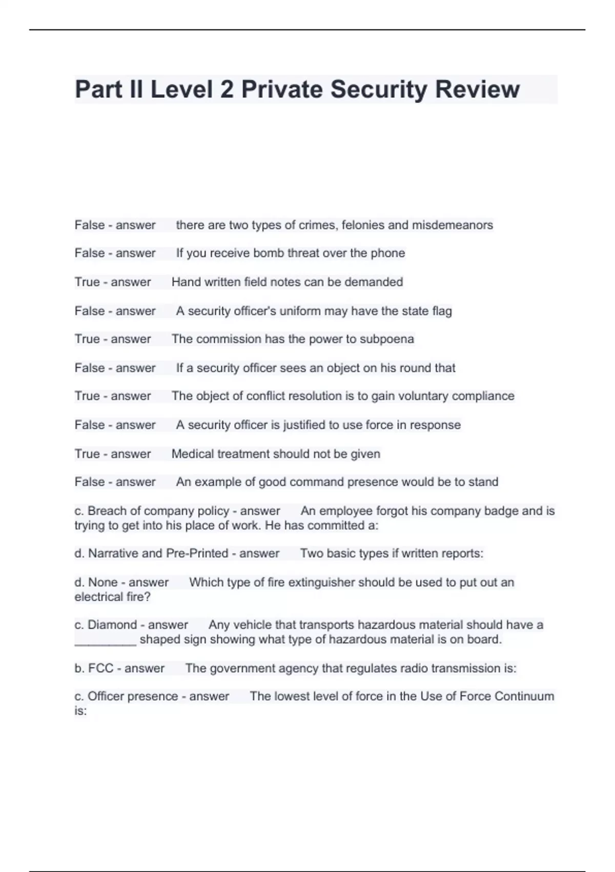 Part II Level 2 Private Security Review Questions with solutions ...
