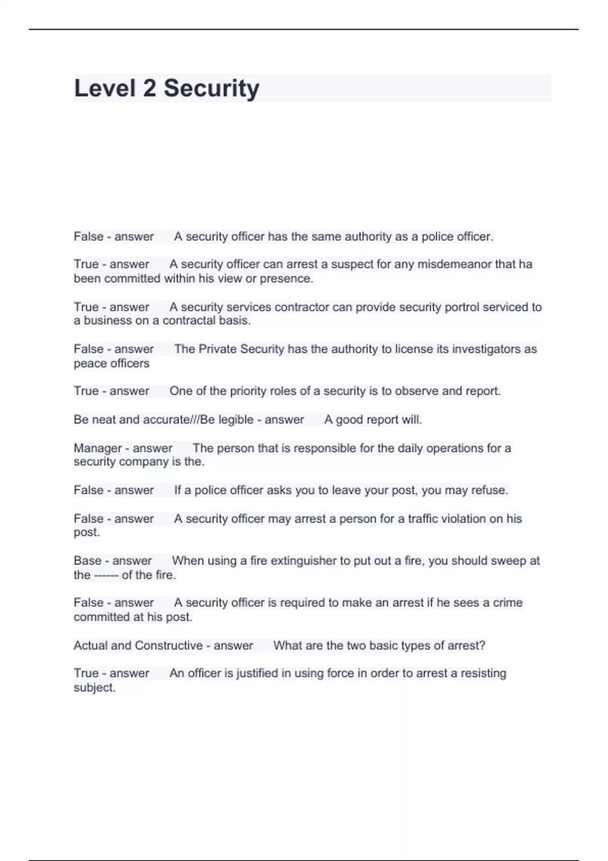 Level 2 Security Questions with correct Answers 2024 - Texas level ...