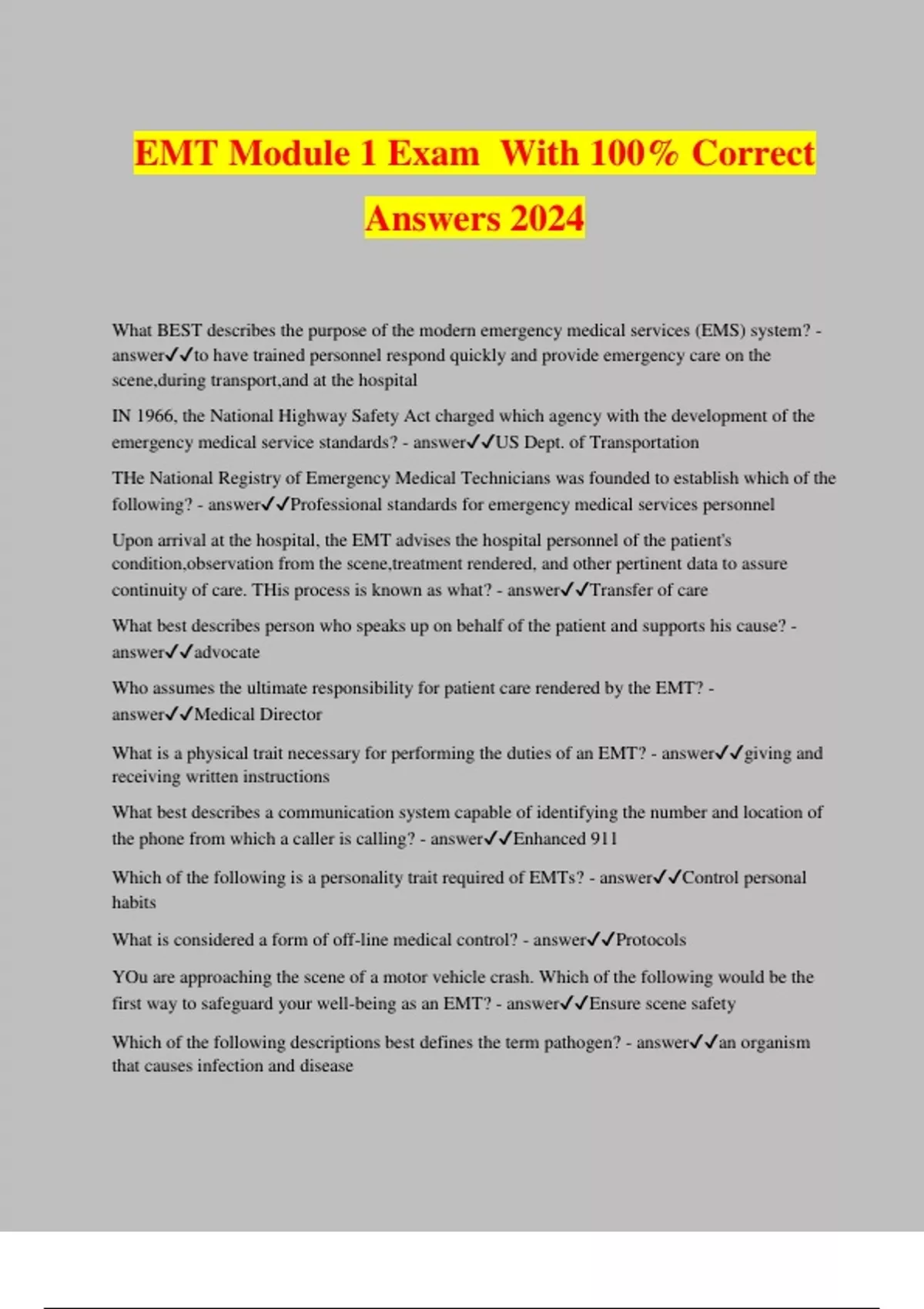 Emt Module 1 Exam With 100 Correct Answers 2024 Emt Stuvia Us