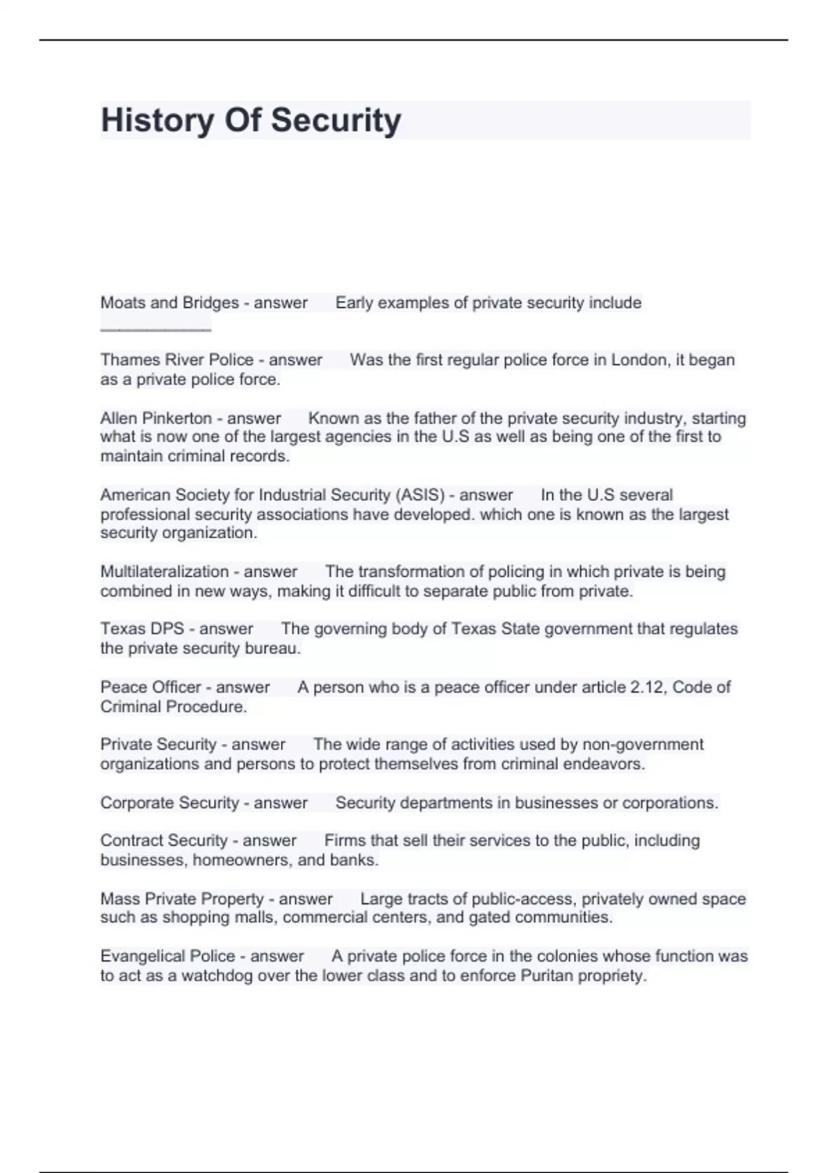 History Of Security Questions With Correct Answers 2024 Texas Level Security Guard Stuvia Us