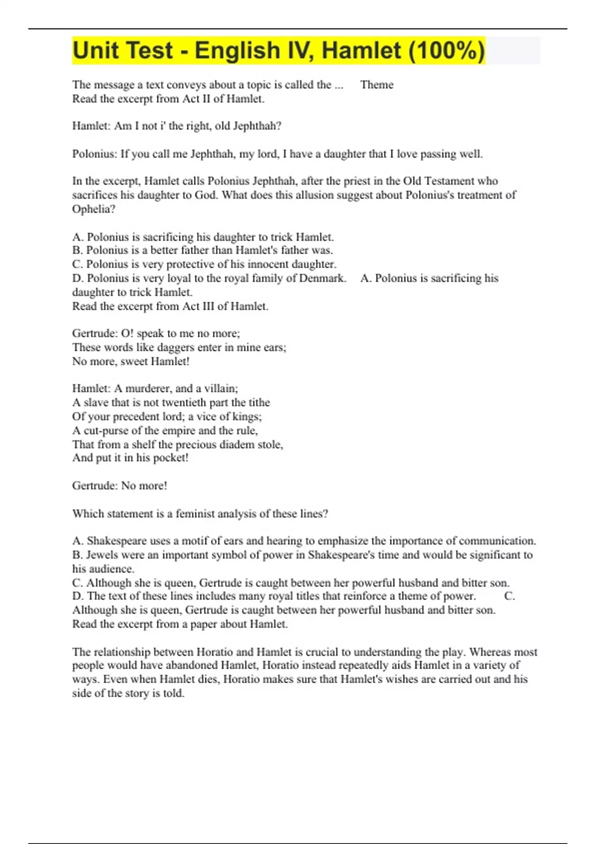 Unit Test - English IV, Hamlet (100%) - English as Foreign Lang - Stuvia US