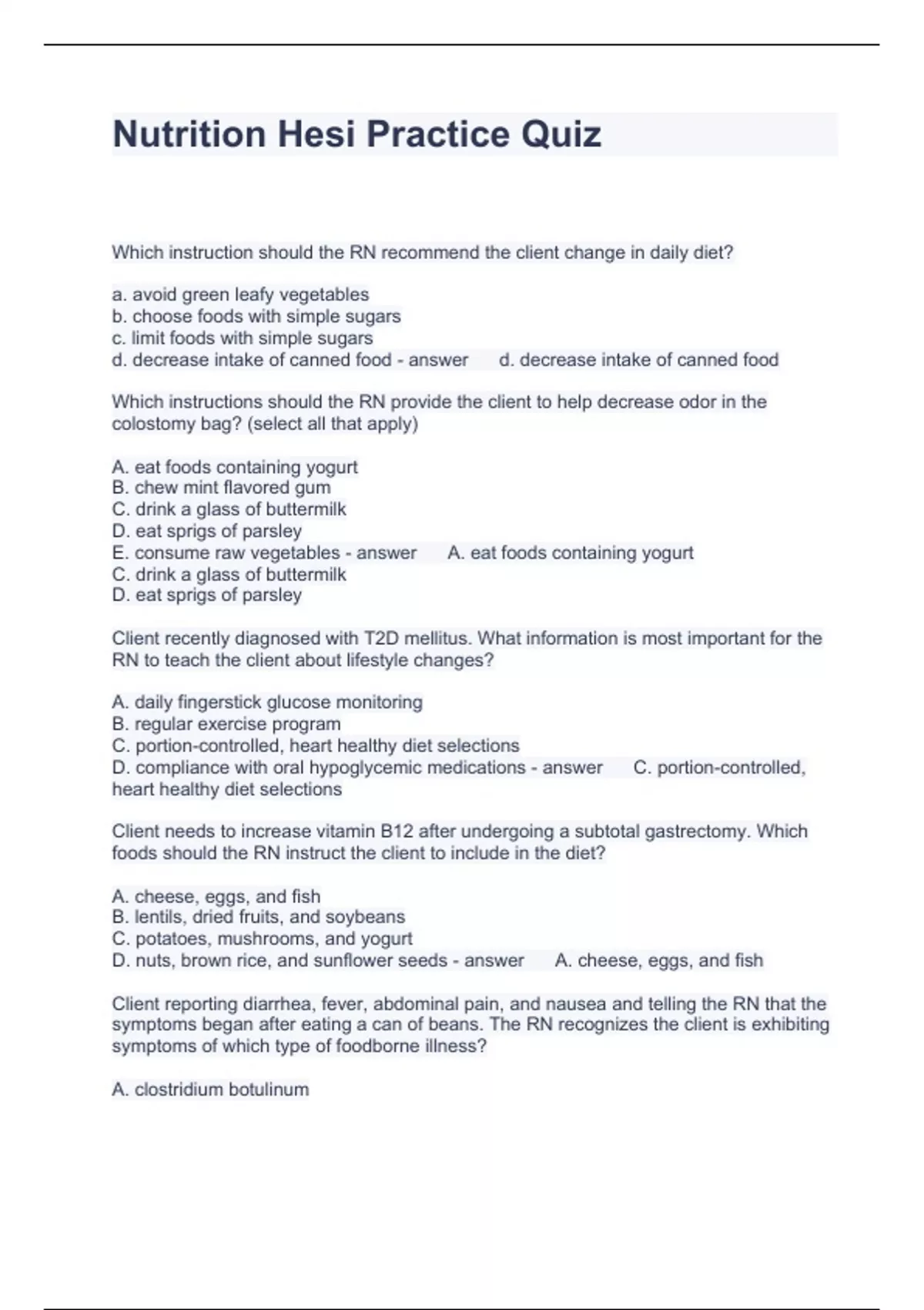 Nutrition Hesi Practice Quiz Questions and Answers 100% correct - Hesi ...