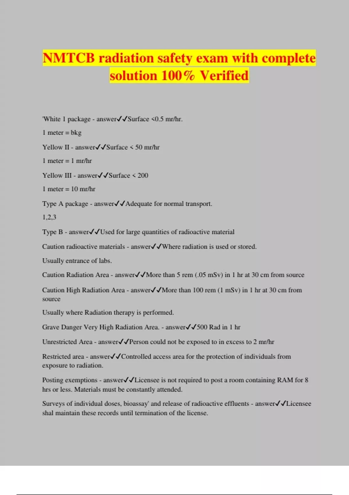 NMTCB radiation safety exam with complete solution 100% Verified ...