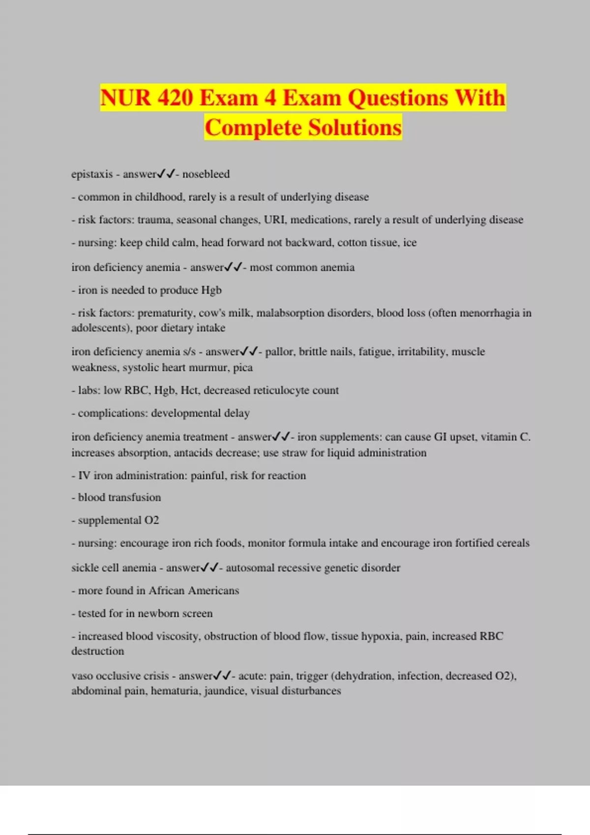 NUR 420 Exam 4 Exam Questions With Complete Solutions - NUR 420 - Stuvia US