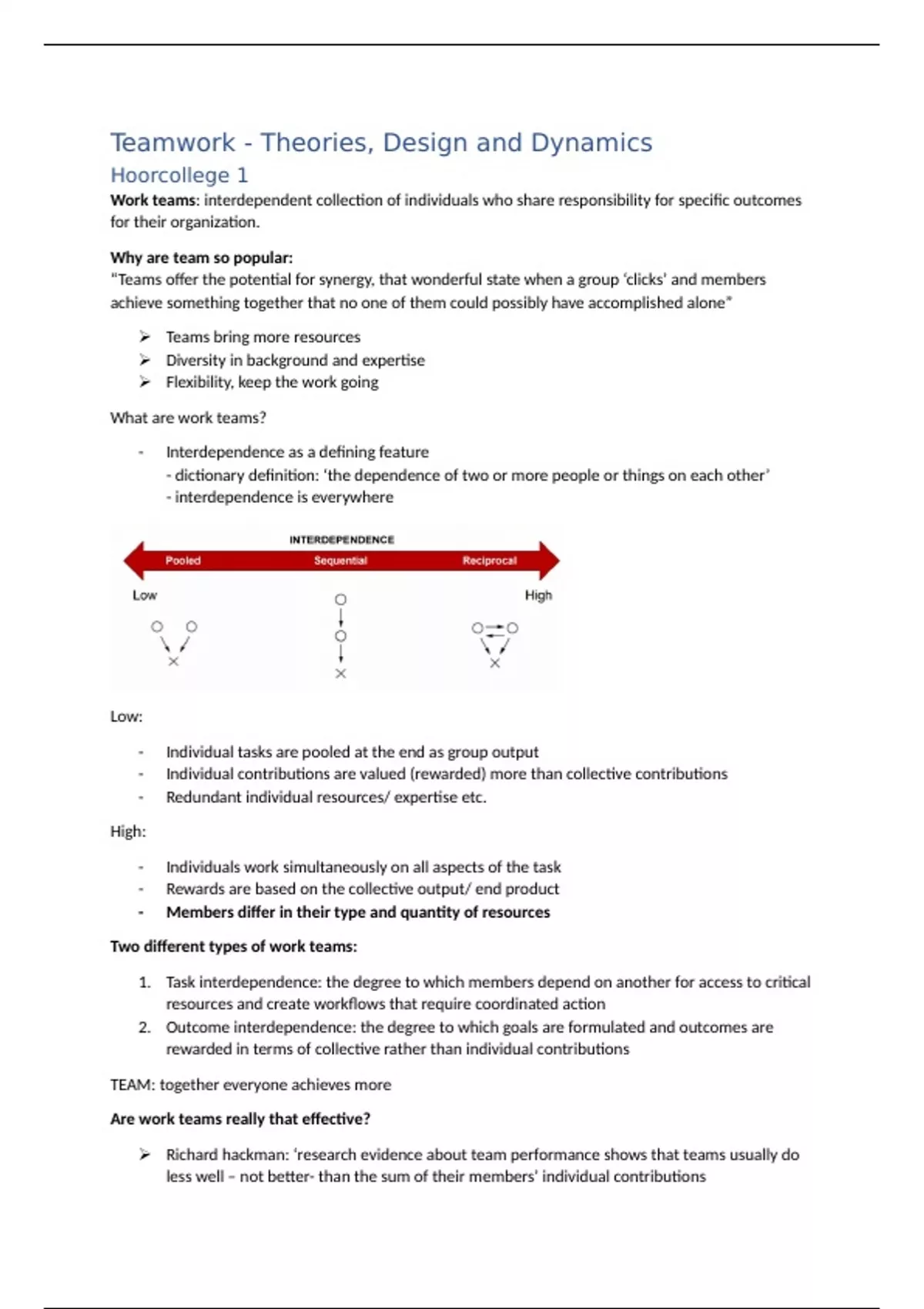 Samenvatting - Teamwork - Theories, Design and Dynamics - Teamwork ...