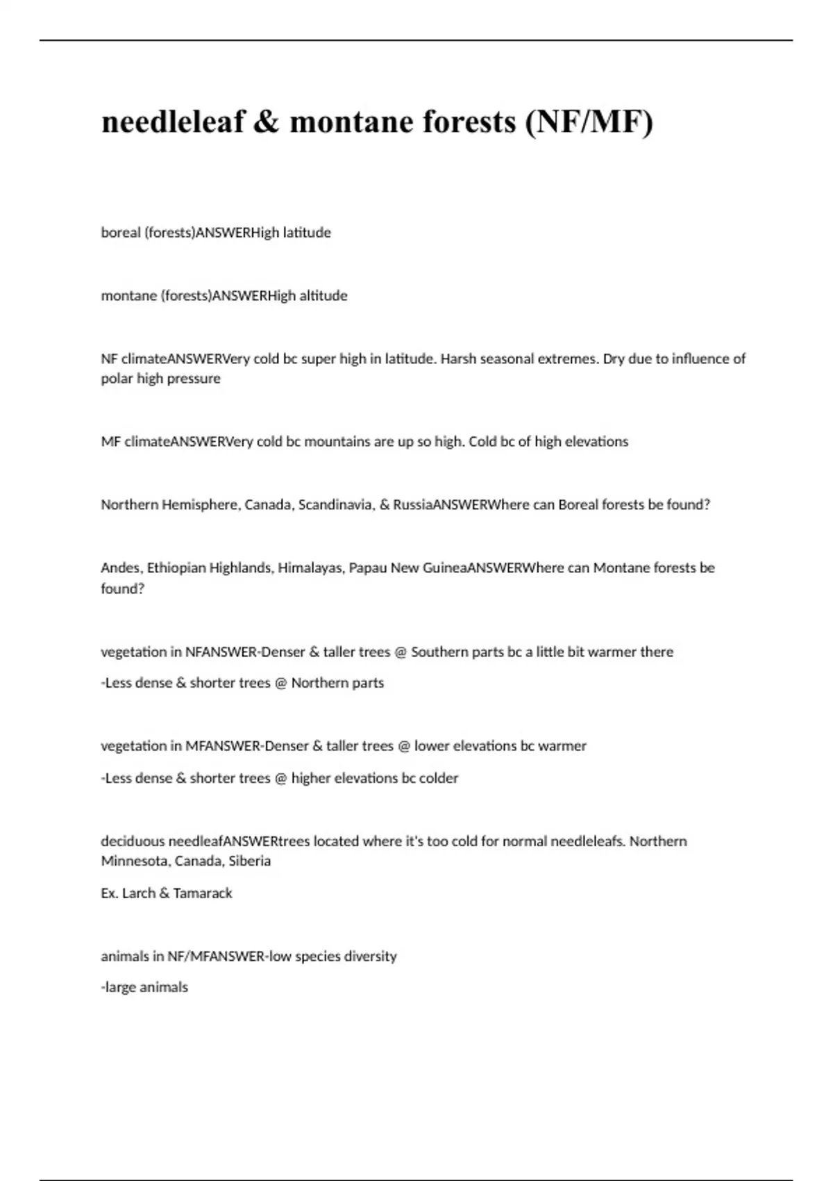 needleleaf & montane forests (NF/MF) Questions and Answers 2024 ...
